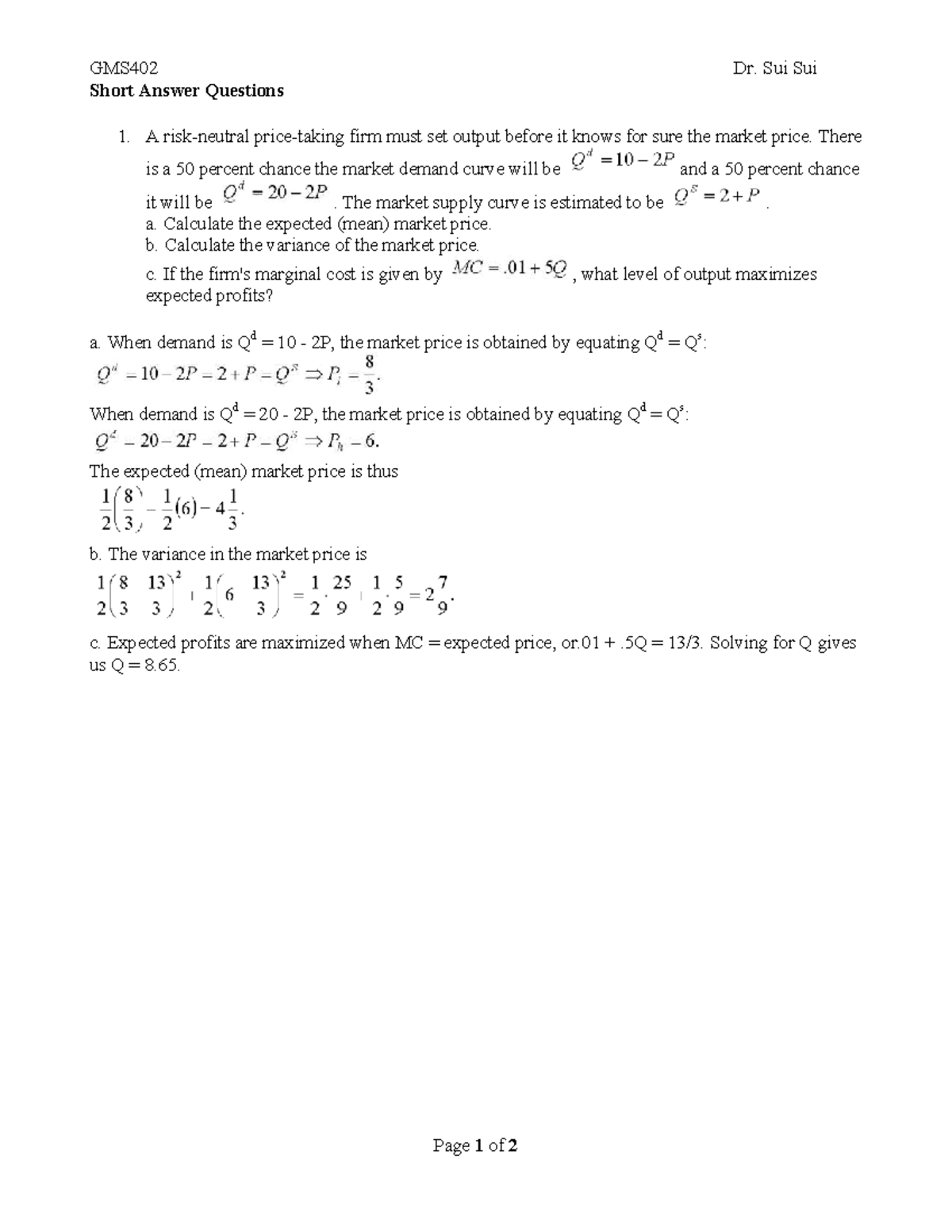 GMS402 Final Exam Practice Questions on Market Price Analysis - Studocu