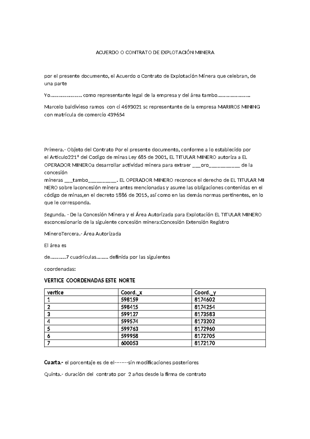 ACUERDO DE EXPLOTACIÓN MINERA - MARIROS MINING - Studocu
