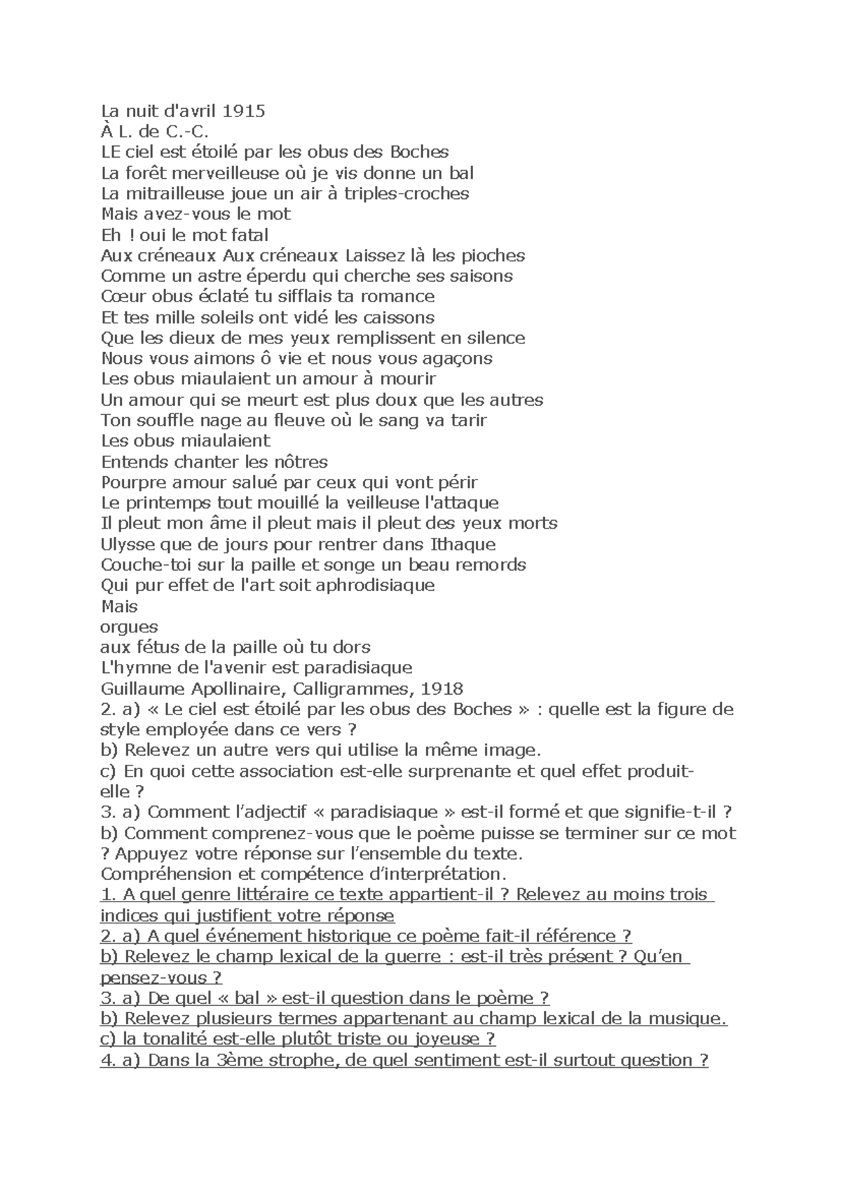 Analyse du poème "La nuit d'avril 1915" de Guillaume Apollinaire - Brevet - Studocu