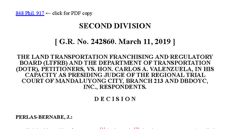 G.R. No. 242860: LTFRB vs. DBDOYC, Inc. - Decision on Preliminary ...