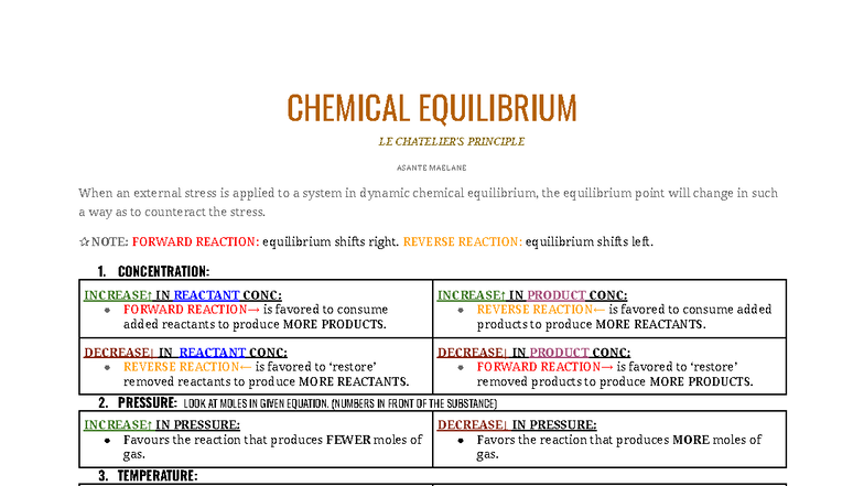 CHEM 101: Le Chatelier's Principle and Chemical Equilibrium - Studocu