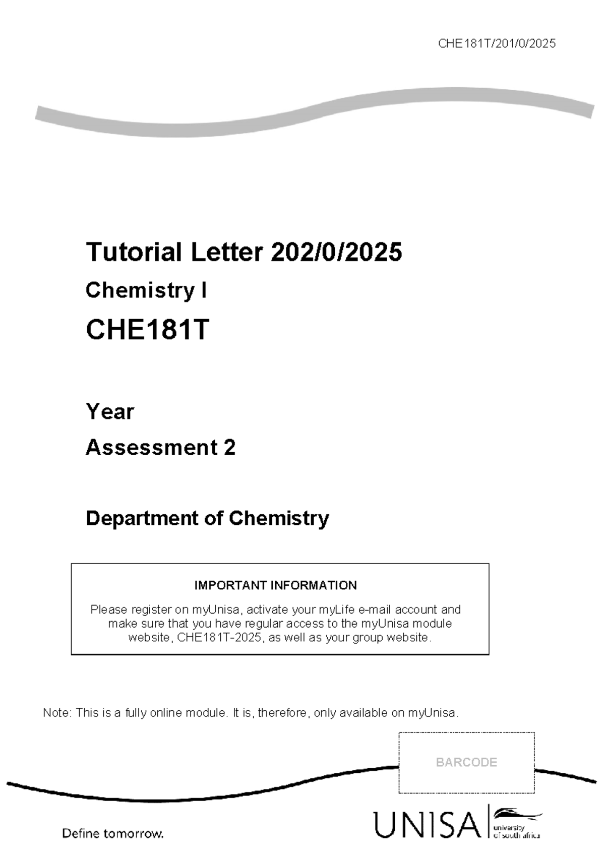 Chemistry I CHE181T Assessment 2 Tutorial Letter Keys - Studocu