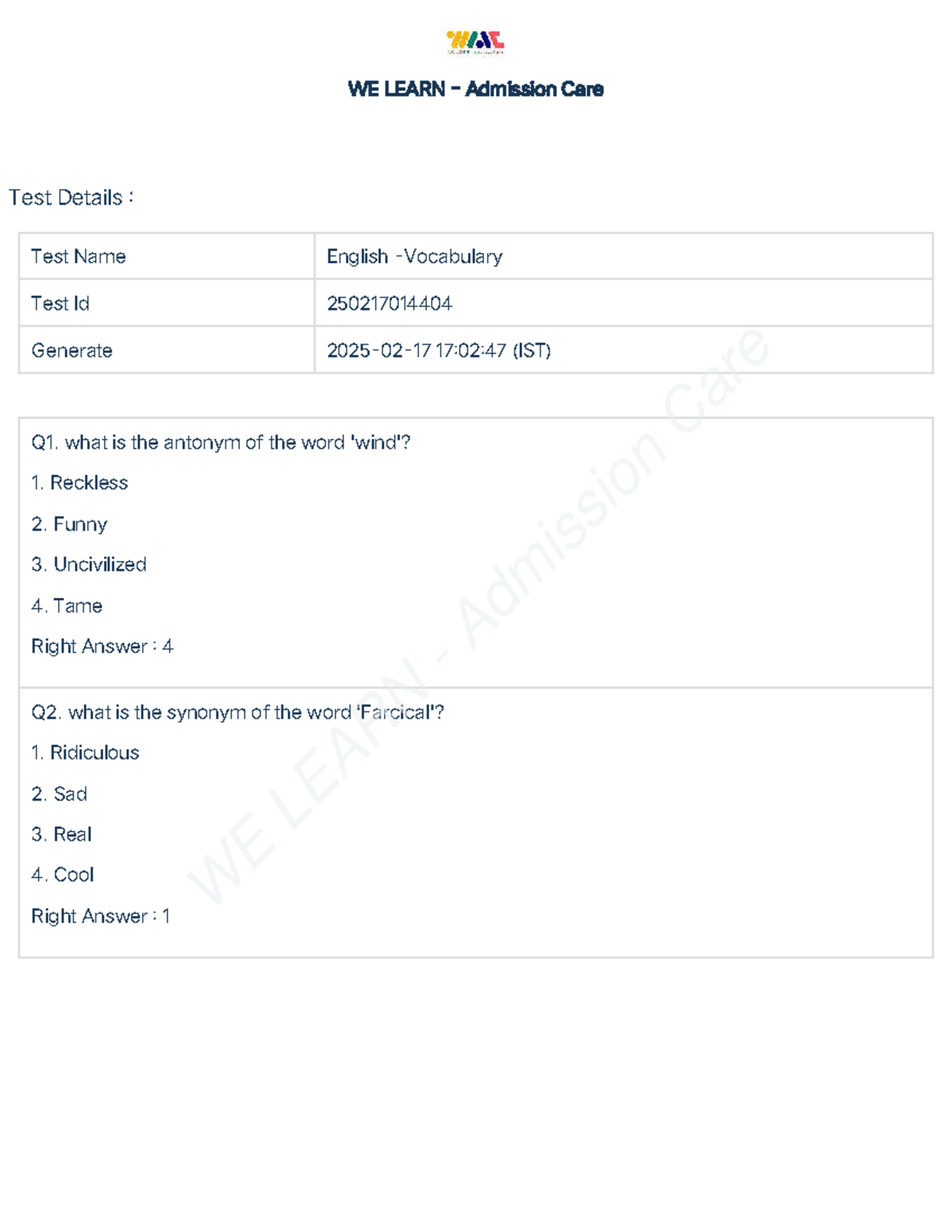 WE LEARN Admission Care English Test Id 250217014404: Vocabulary Quiz ...