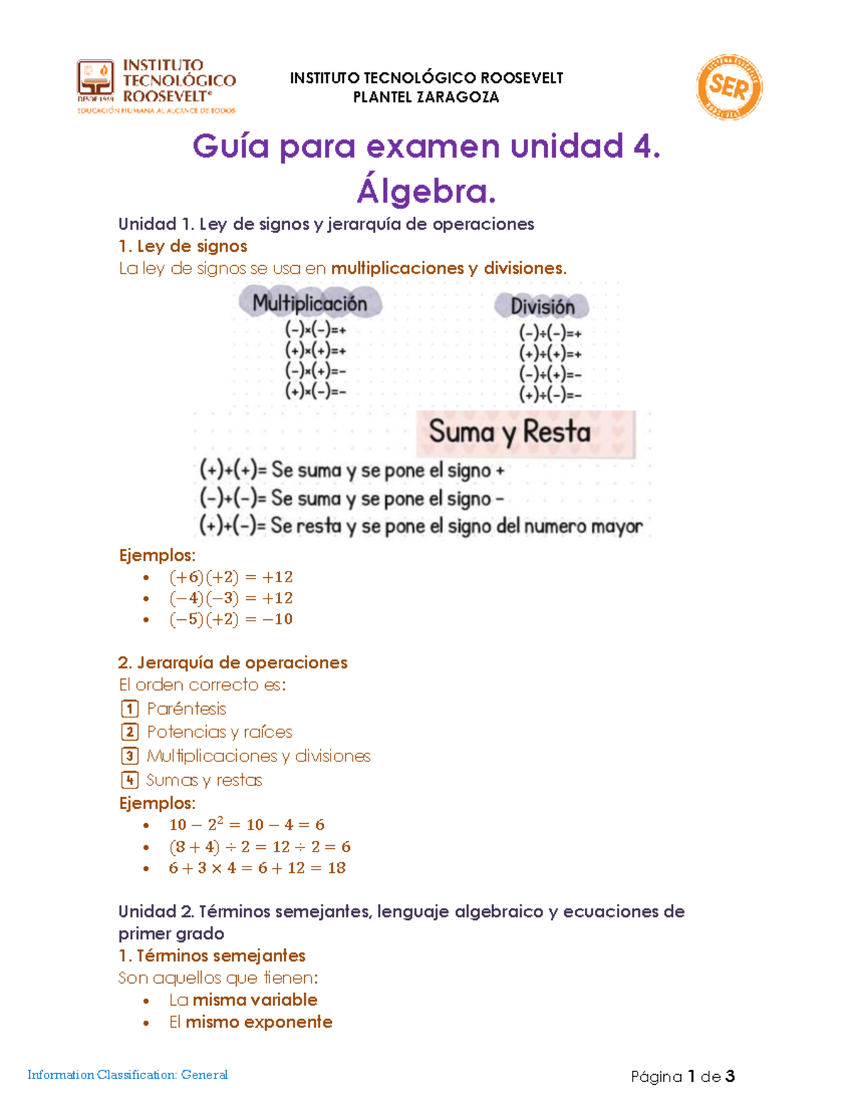 Guía para el Examen U4 de Álgebra - Instituto Tecnológico Roosevelt ...