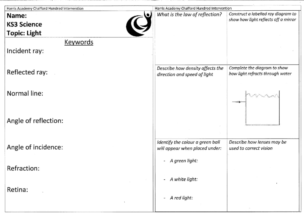 Light - Notes on Reflection and Refraction (KS3 Science) - Studocu
