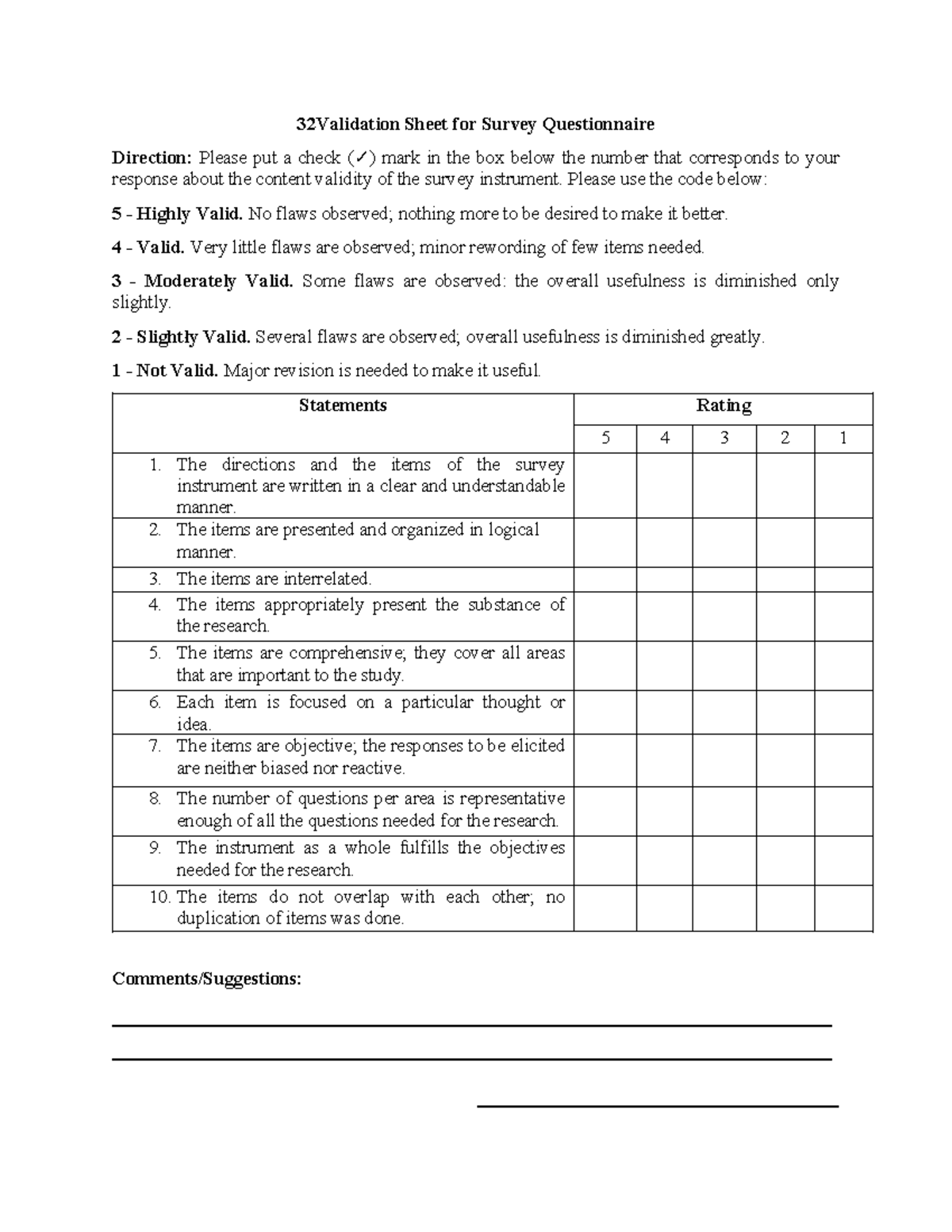 Validation Sheet for Survey Questionnaire - Content Validity Check ...