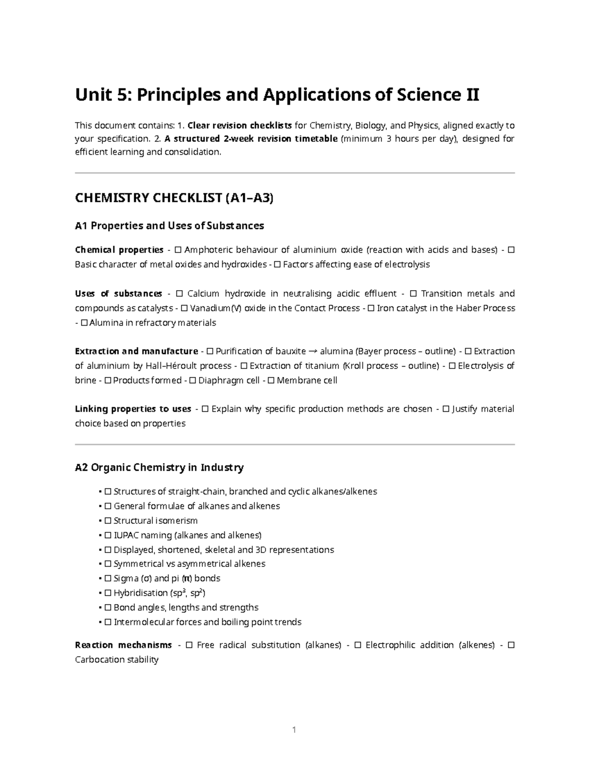 Unit 5: Revision Checklist & 2-Week Timetable for Science II - Studocu