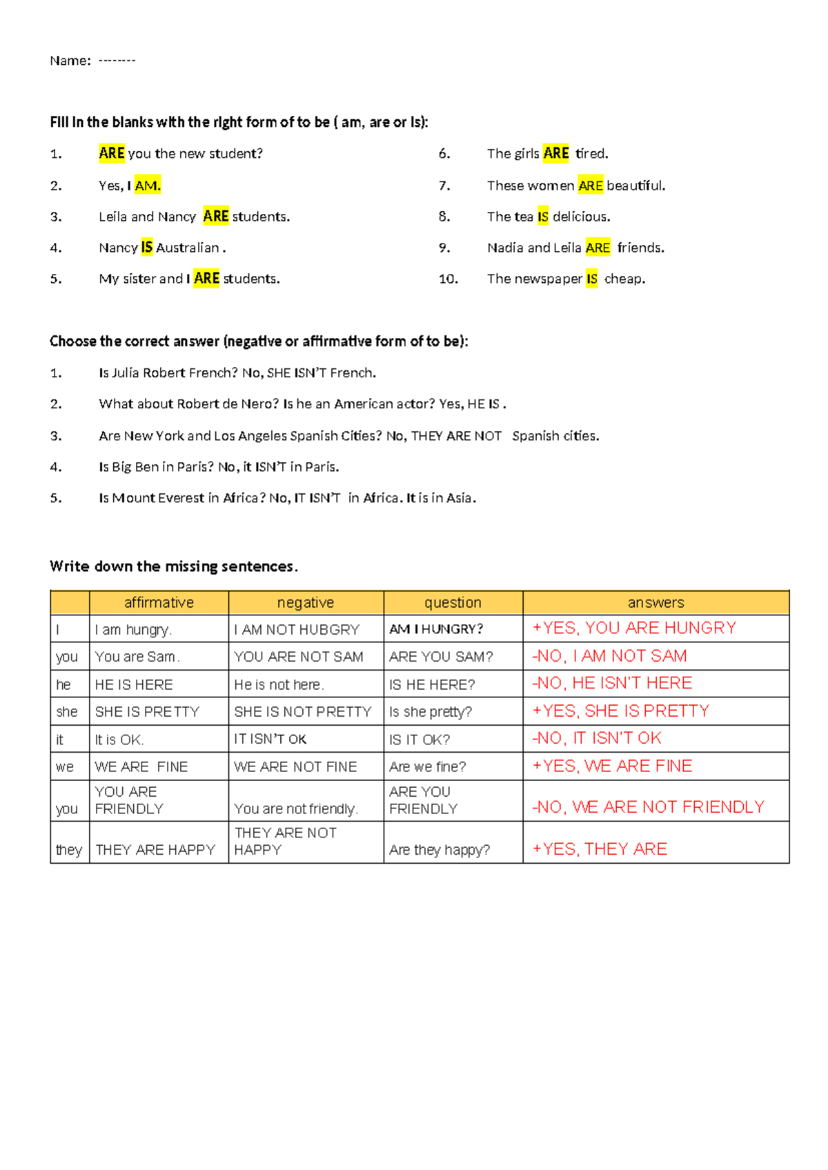 To be Verb Activity - Fill in the Blanks Exercise - Studocu