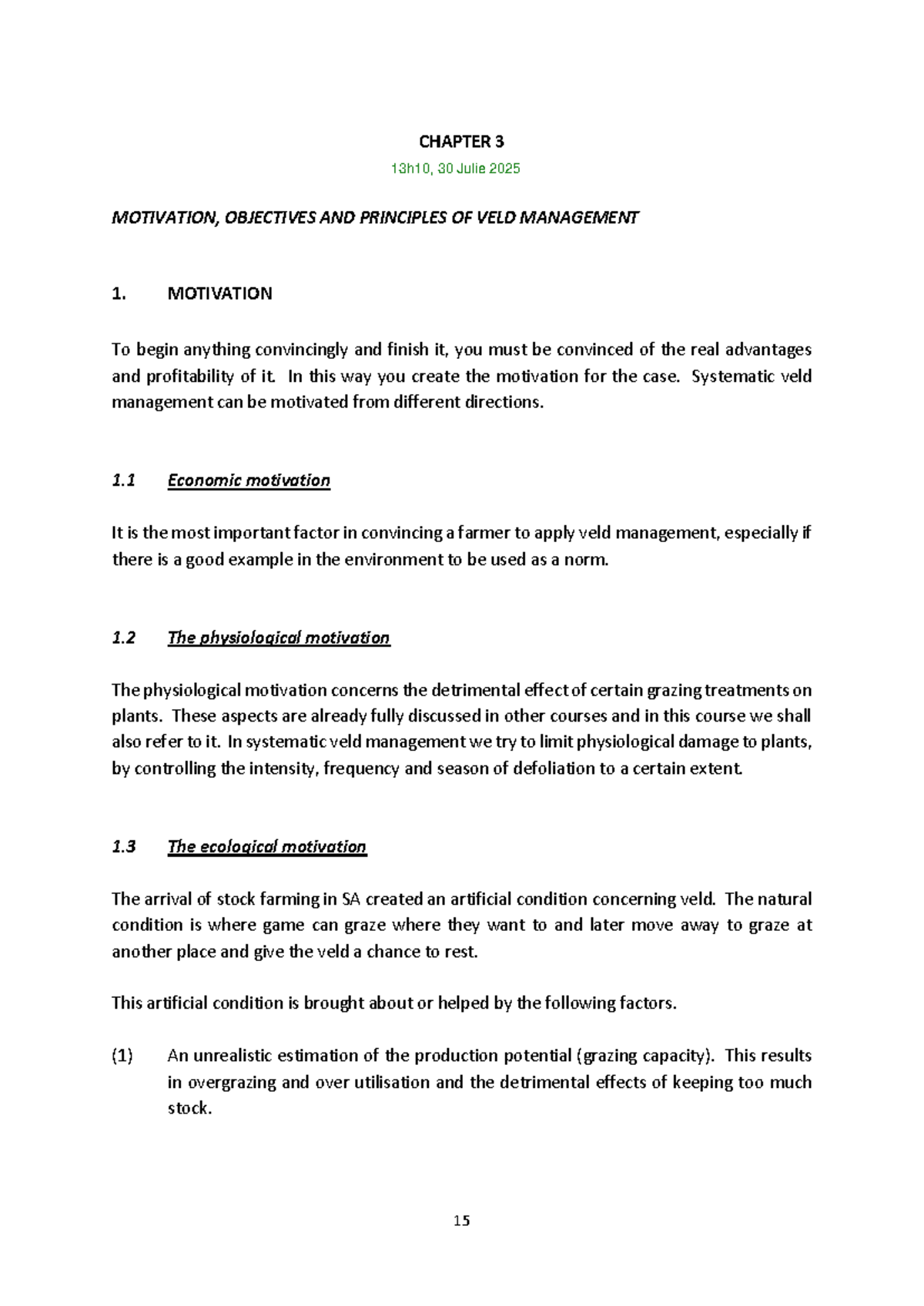 CHAPTER 3: MOTIVATION, OBJECTIVES & PRINCIPLES OF VELD MANAGEMENT - Studocu