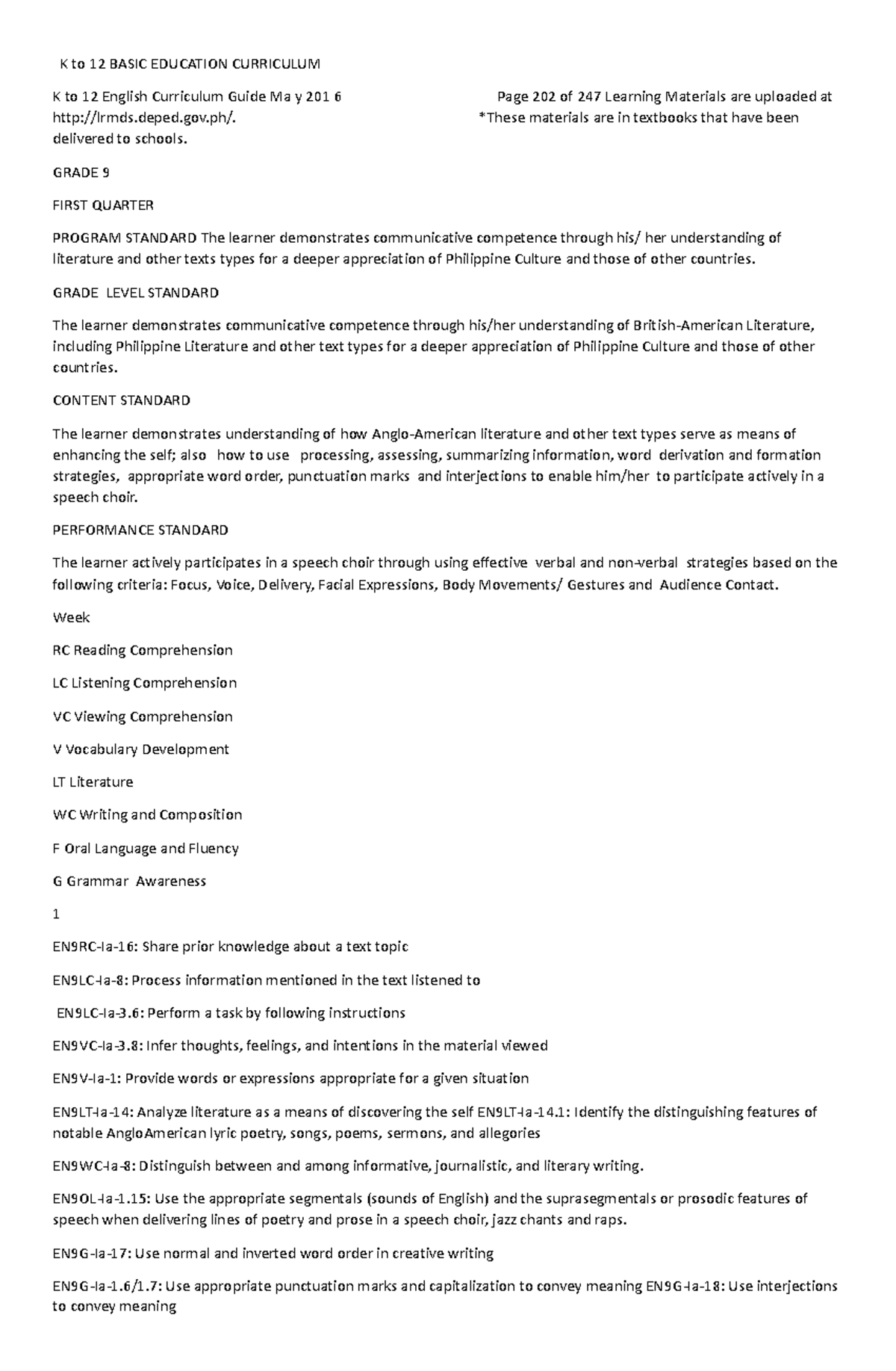 Grade 9 English Curriculum Guide (G9) - Learning Materials Overview ...