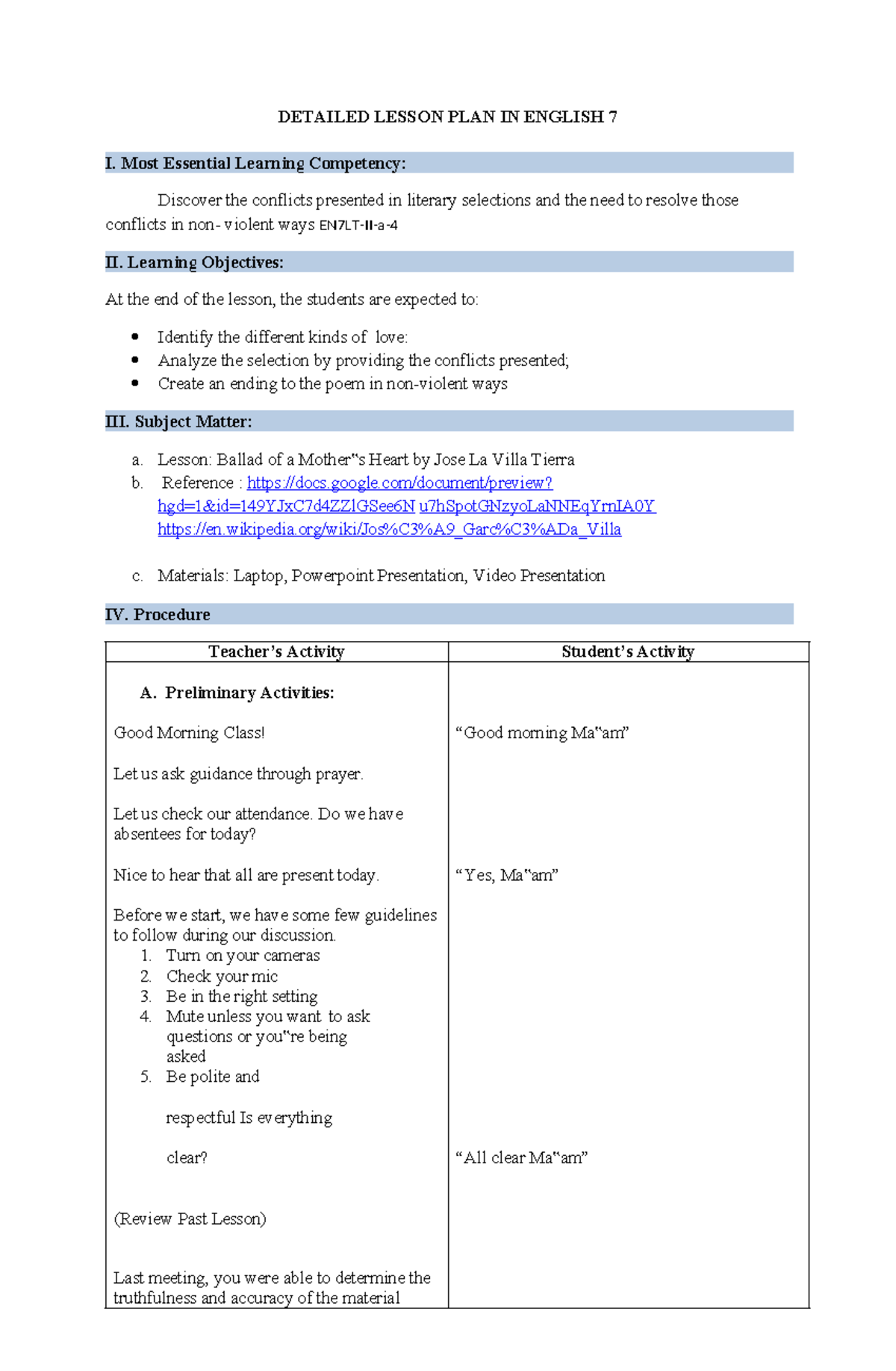 Detailed Lesson Plan: Analyzing "Ballad of a Mother's Heart" (ENG 7 ...