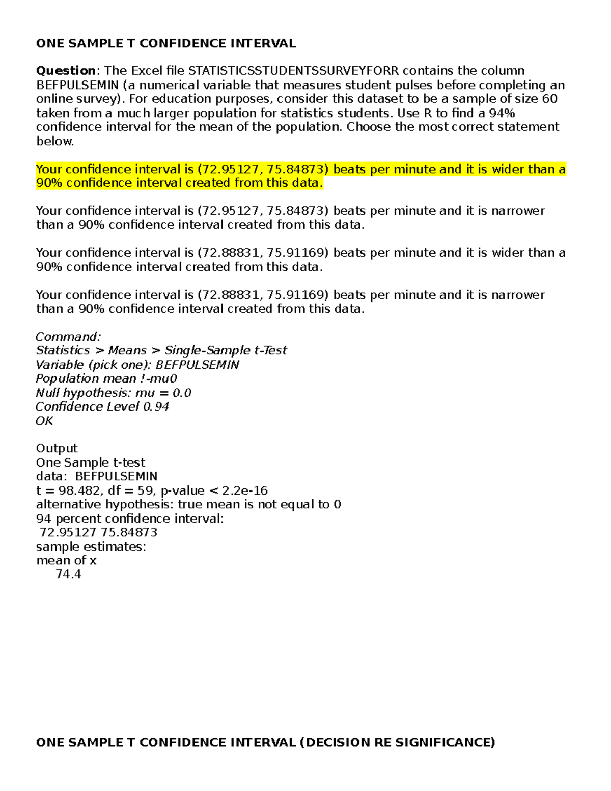 ONE SAMPLE T CONFIDENCE INTERVAL & HYPOTHESIS TESTS (STAT 101) - Studocu
