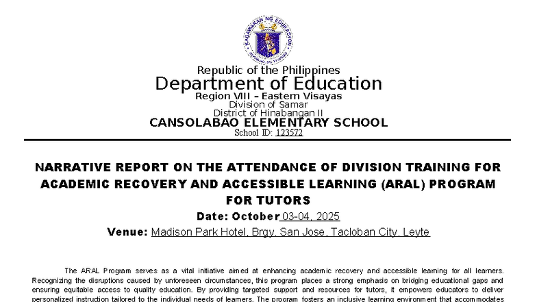 Narrative Report on Division Training for ARAL Program - Studocu