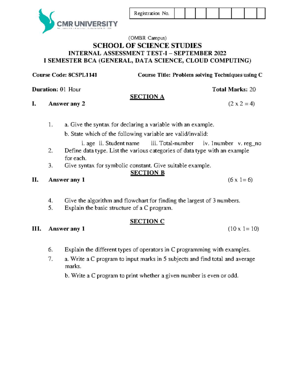 I BCA Problem-Solving Techniques Using C, Internal Assessment Test-1 22 ...