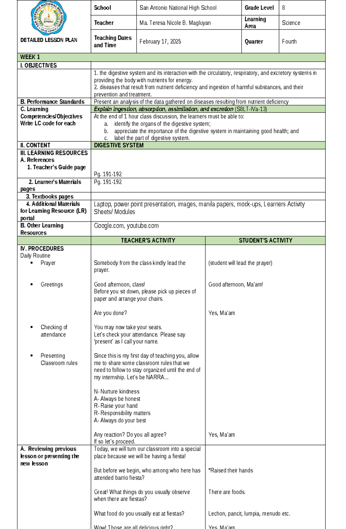 Digestive System - LPPPPP - DETAILED LESSON PLAN School San Antonio ...