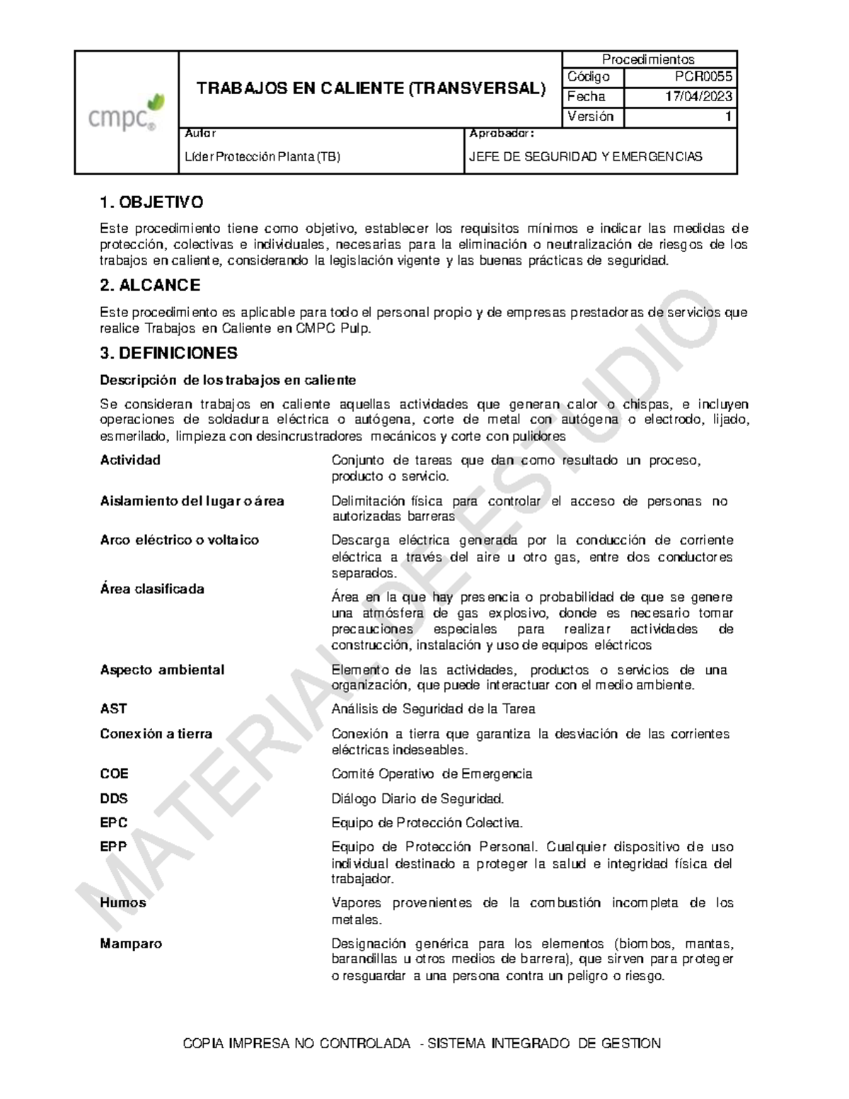 Procedimiento de Seguridad para Trabajos en Caliente - PCR0055 - Studocu