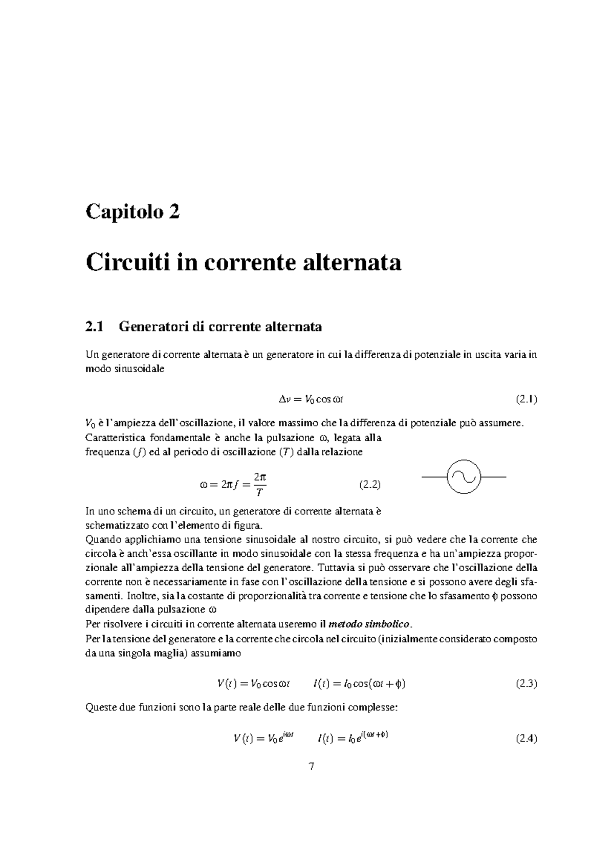 Capitolo 2: Circuiti in Corrente Alternata - Generatori e Impedenza ...