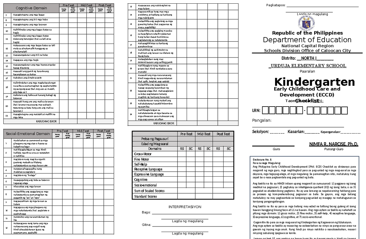 ECCD Checklist for Kindergarten 2024-2025: Cognitive & Emotional ...