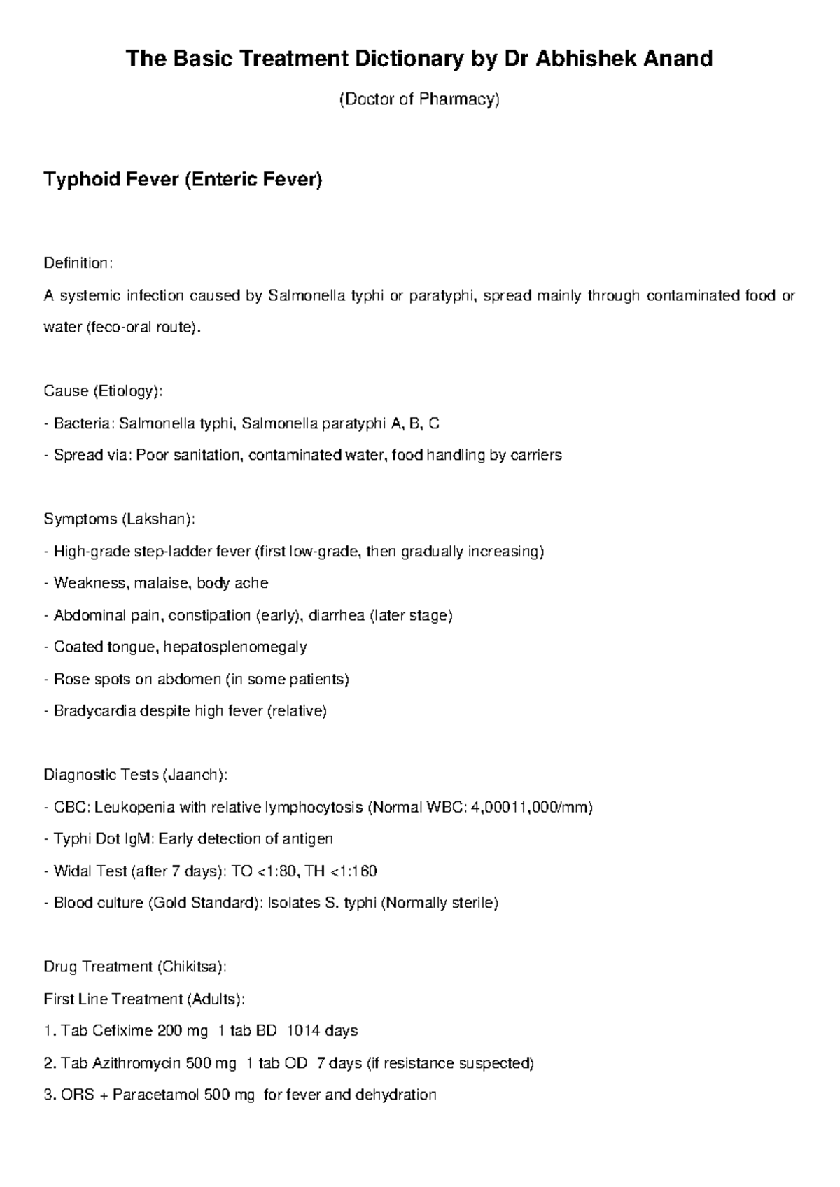 Typhoid Fever Sample Final Exam Notes (Pharmacy) - Studocu