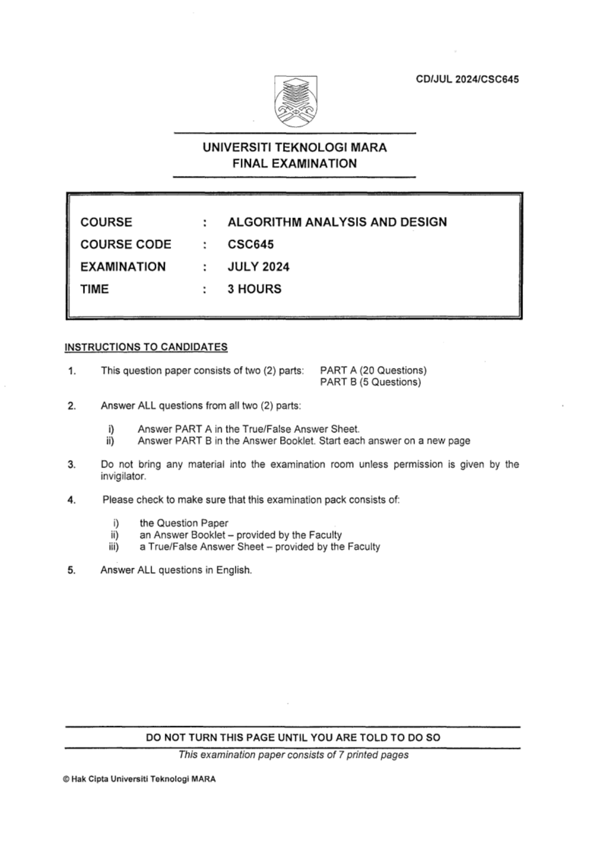 CSC645 Final Exam Paper: Algorithm Analysis & Design - July 2024 - Studocu