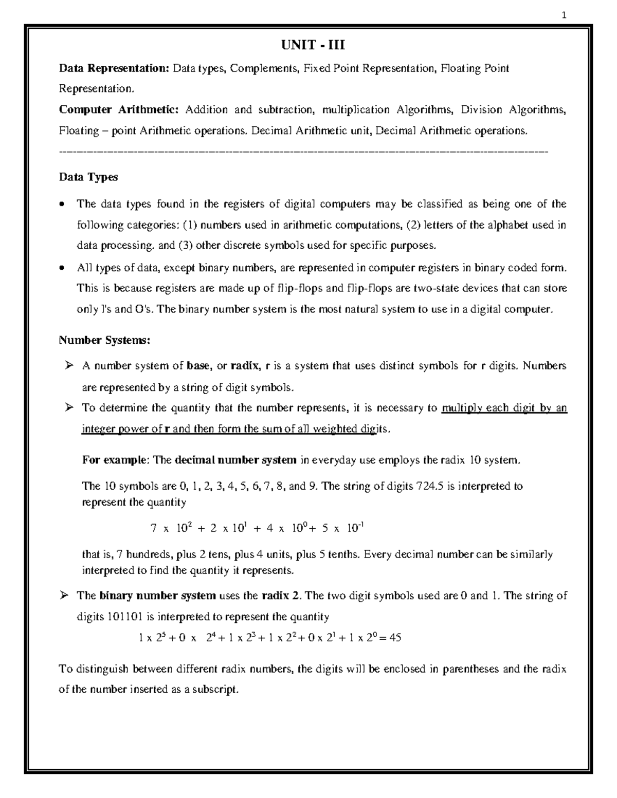 COA UNIT-III: Data Representation & Computer Arithmetic Concepts - Studocu