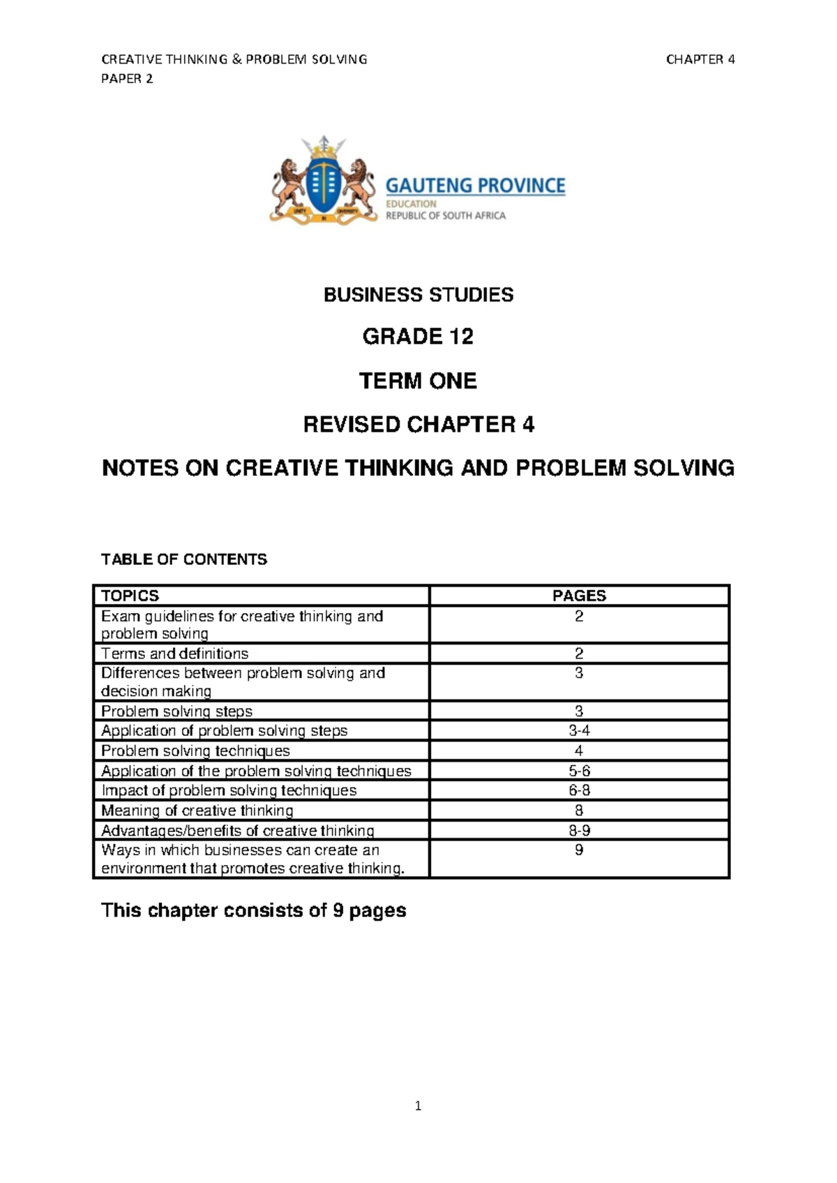 BUS 12 - Final Exam Chapter 4 Notes on Creative Thinking & Problem ...