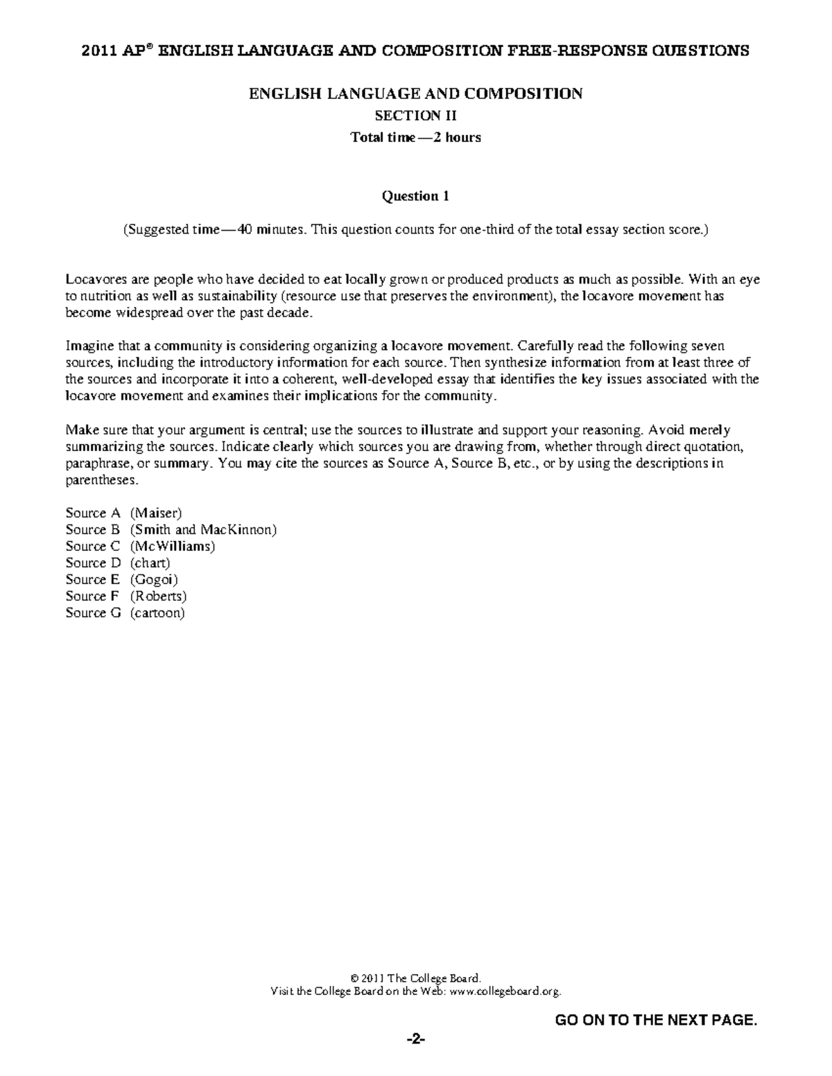 2011 AP English Language & Composition Essay: The Locavore Movement ...