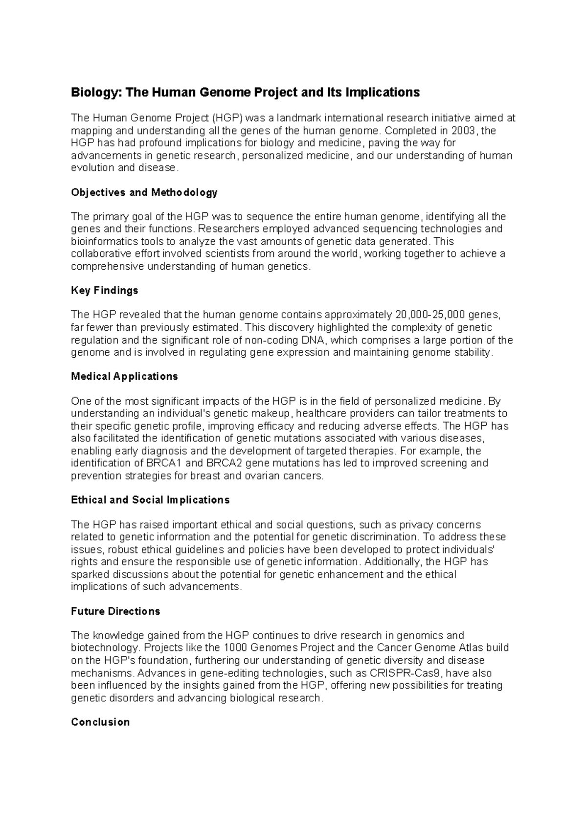 Biology The Human Genome Project and Its Implications - Completed in ...