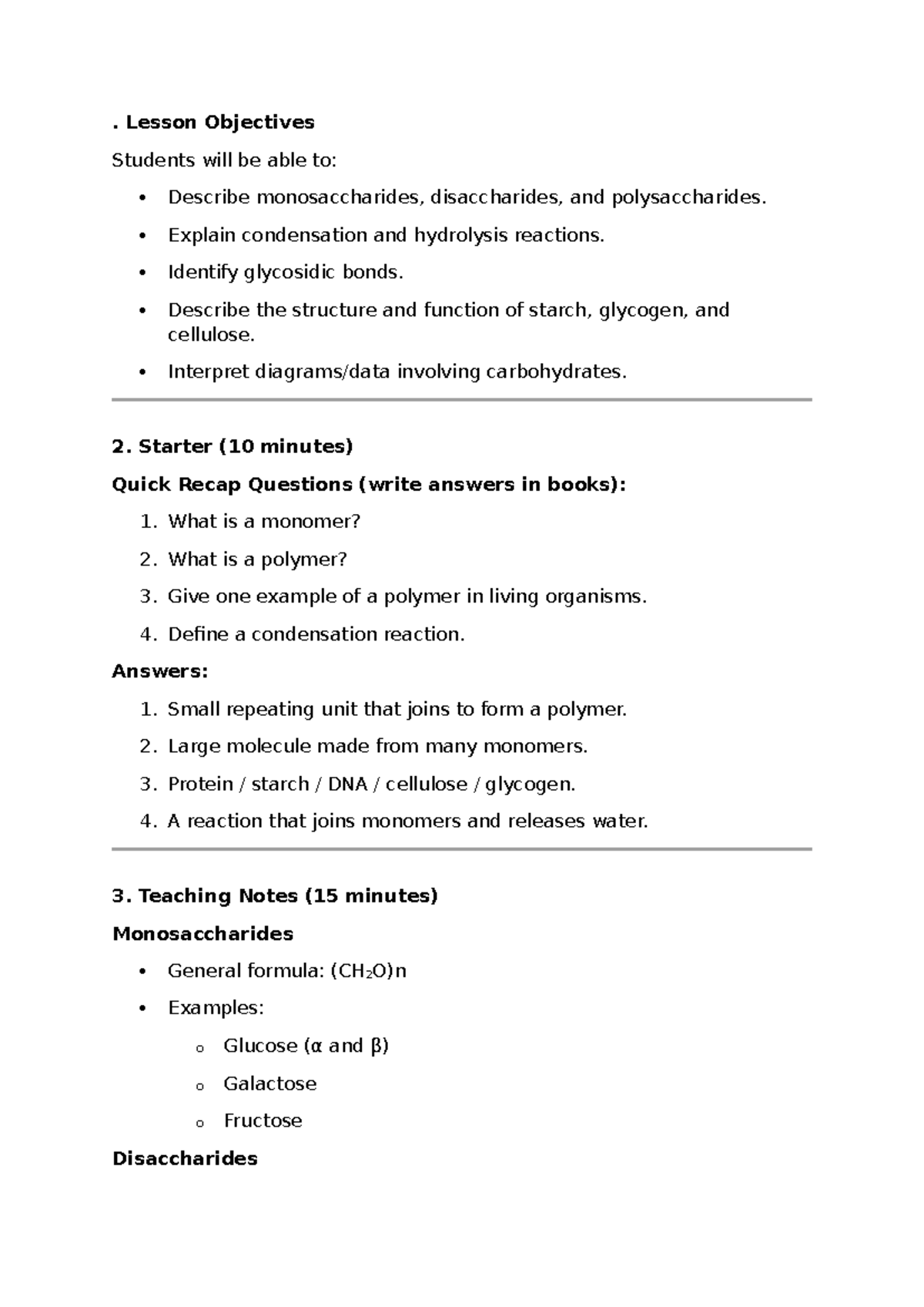 Session 1: Carbohydrates Lesson Objectives and Q&A - Studocu