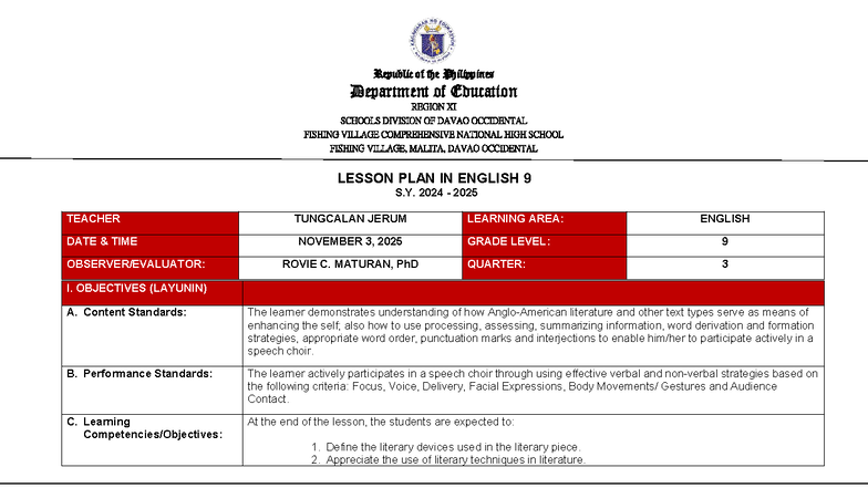 ENGLISH 9 S.Y. 2024-2025: Detailed Lesson Plan on Literary Techniques ...