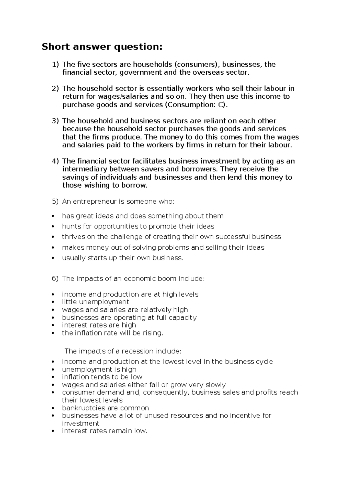 Business Short Answer Questions: Economic Sectors & Impacts - Studocu