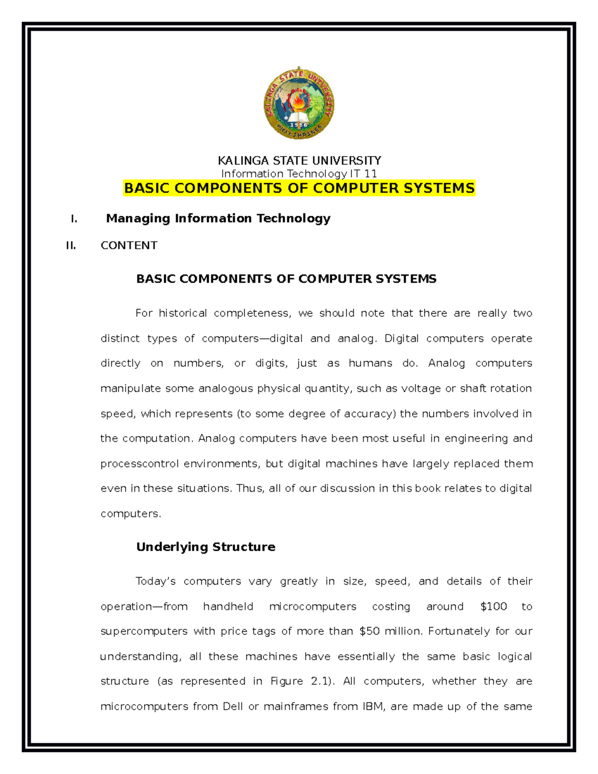 Basic Components OF Computer Systems - KALINGA STATE UNIVERSITY ...