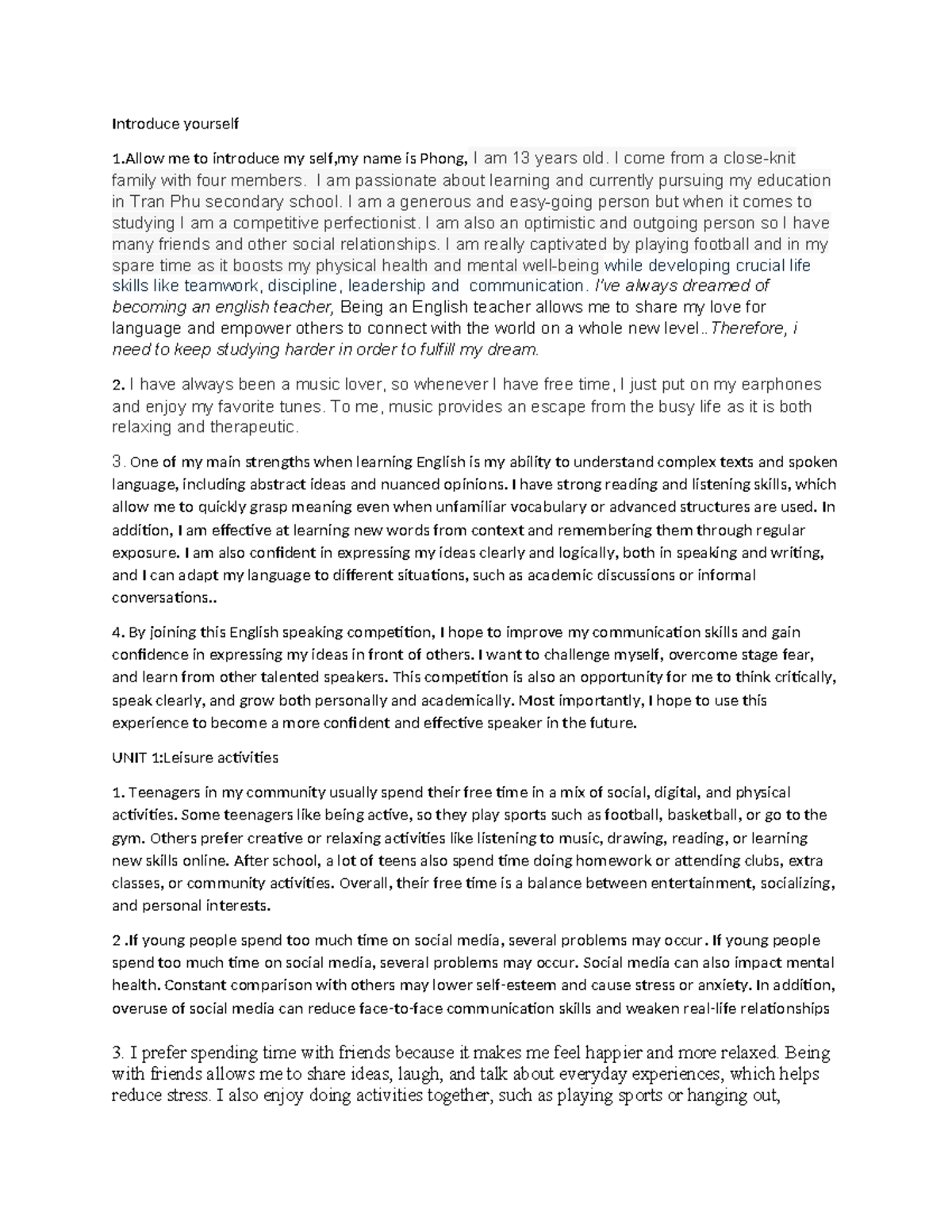 Self-Introduction: My Journey, Interests, and Aspirations - Studocu