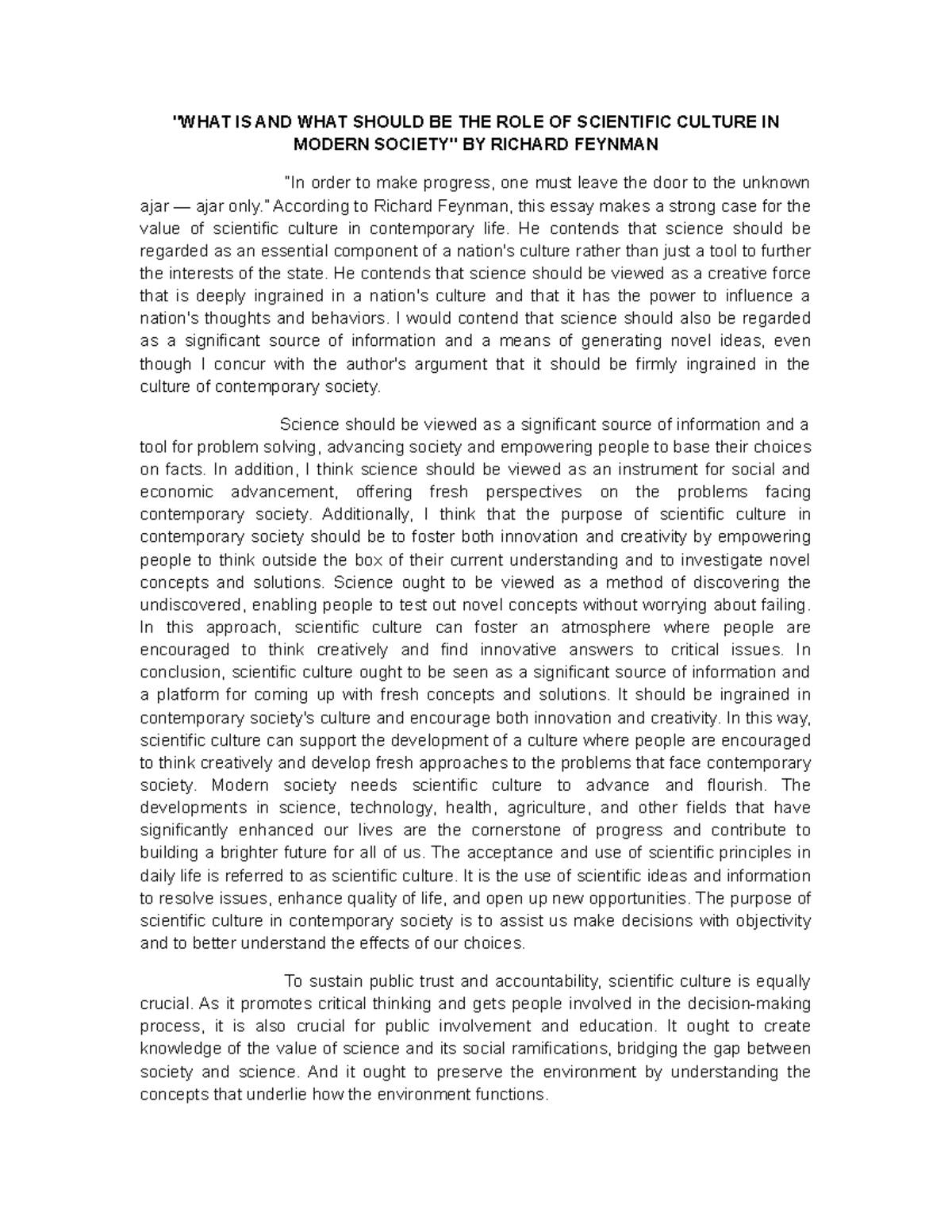 WHAT IS AND WHAT Should BE THE ROLE OF Scientific Culture IN Modern ...