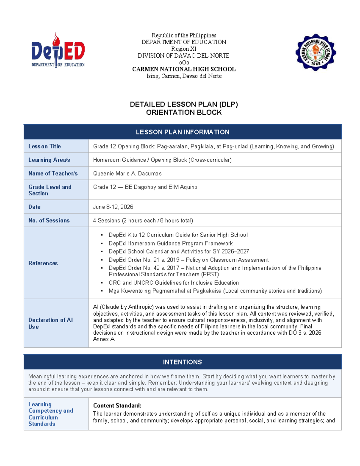 Grade 12 DLP: Opening Block Orientation Lesson Plan - Studocu