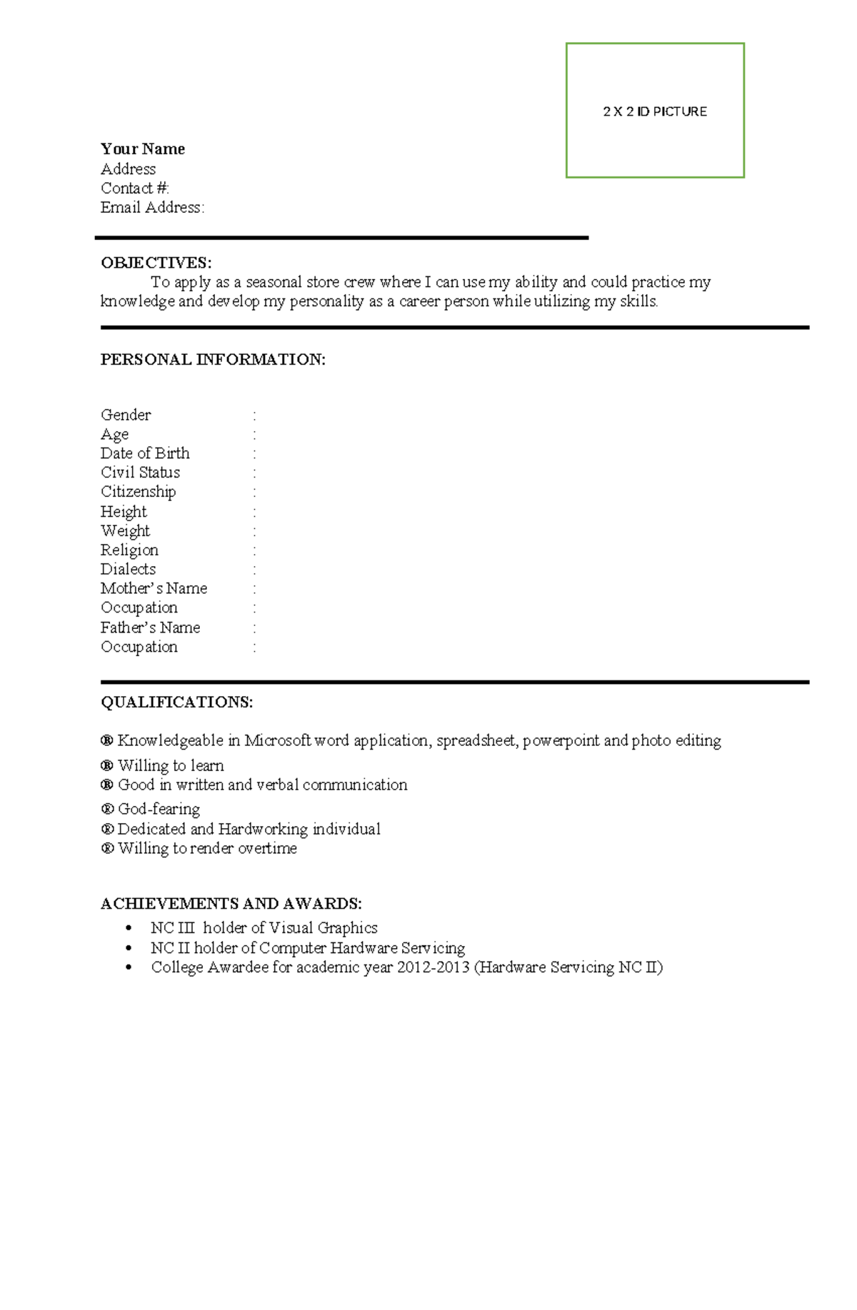 Resume Sample for Seasonal Store Crew Application - Studocu