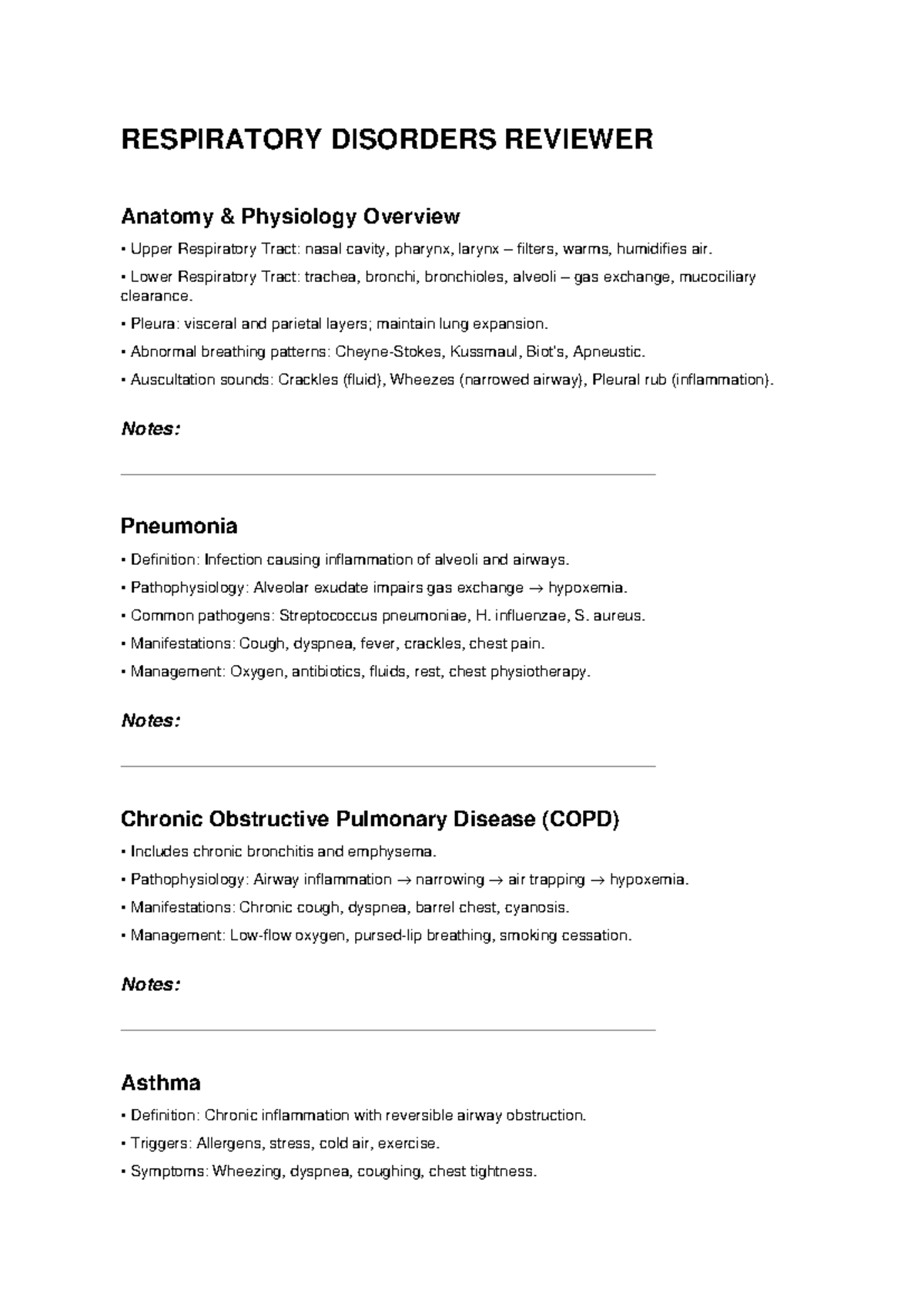 RESPIRATORY DISORDERS REVIEWER: Anatomy & Management Overview - Studocu