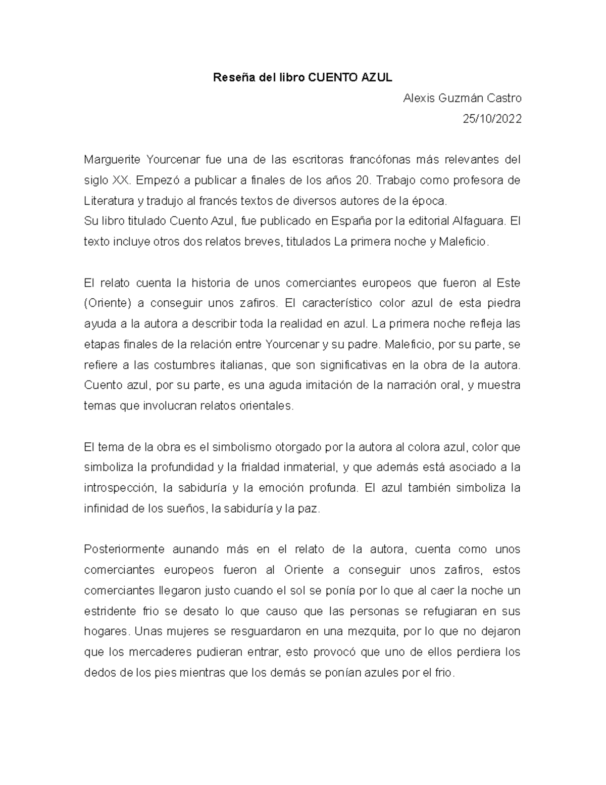 Reseña del Libro "Cuento Azul" de Marguerite Yourcenar - Studocu
