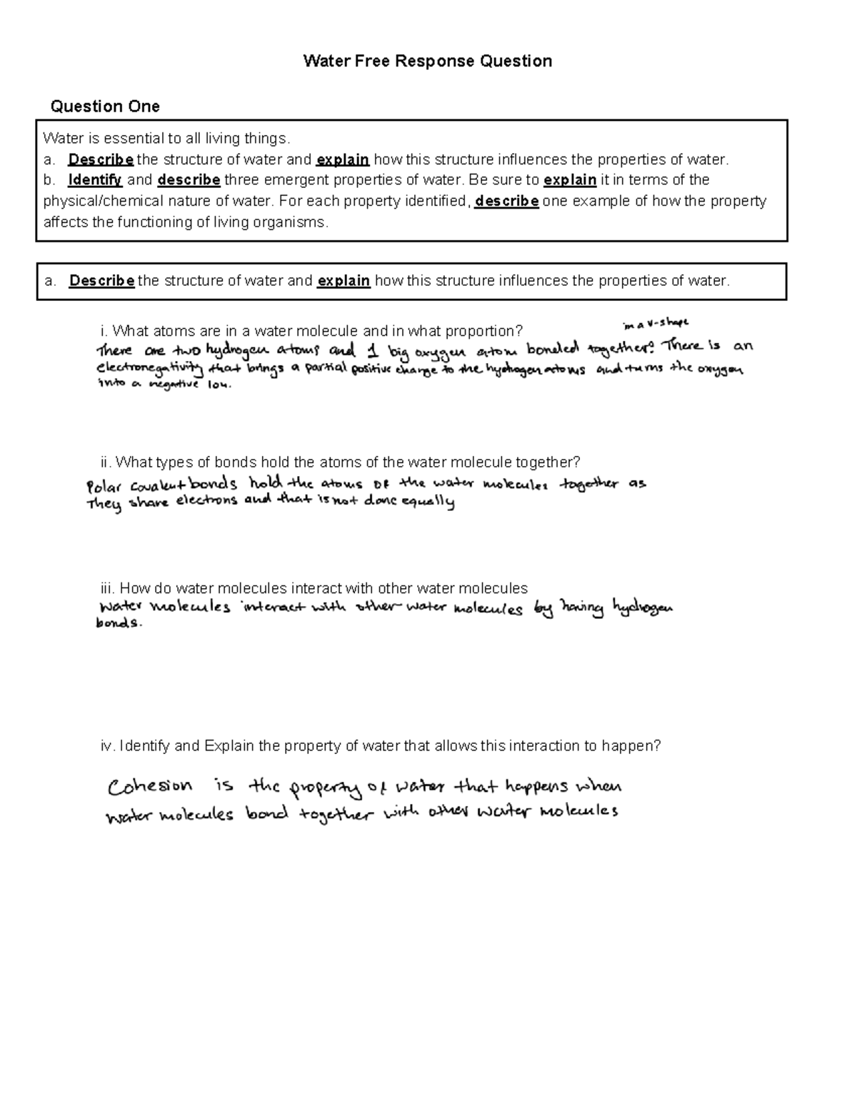 BIO101 Water Structure and Properties: Free Response Questions - Studocu