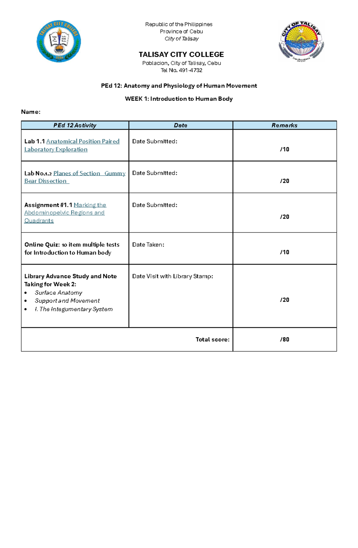PEd 12: WEEK 1 Accomplishment Report on Human Body Introduction - Studocu