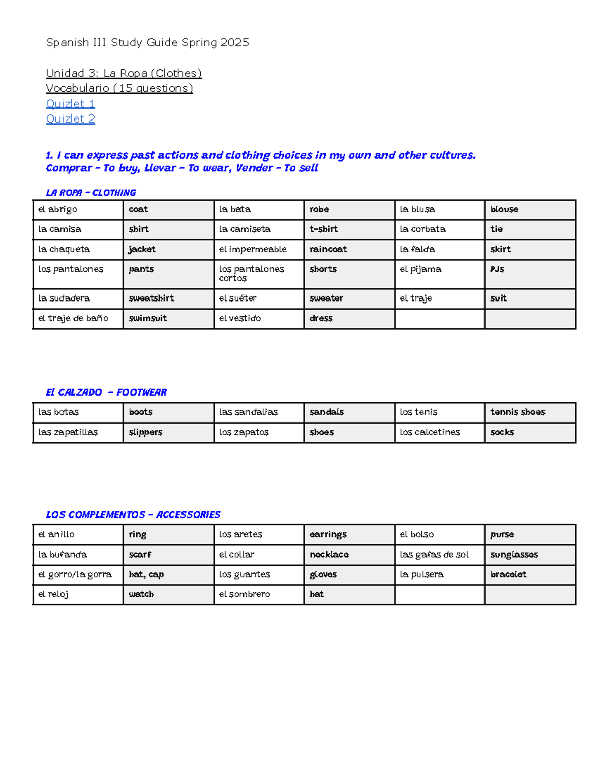 Spanish III Study Guide: Unidad 3-7 Vocabulary Review Spring 2025 - Studocu