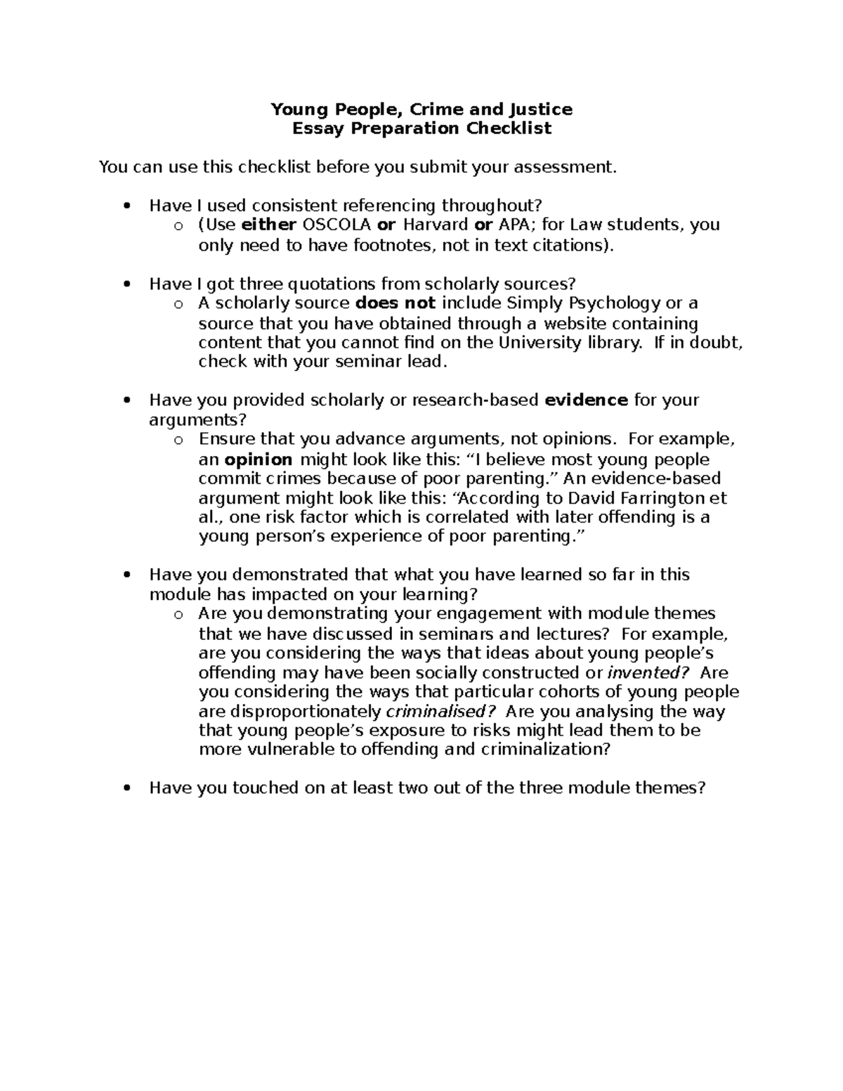 LW3YCJ Essay Checklist - Young People, Crime and Justice Essay ...