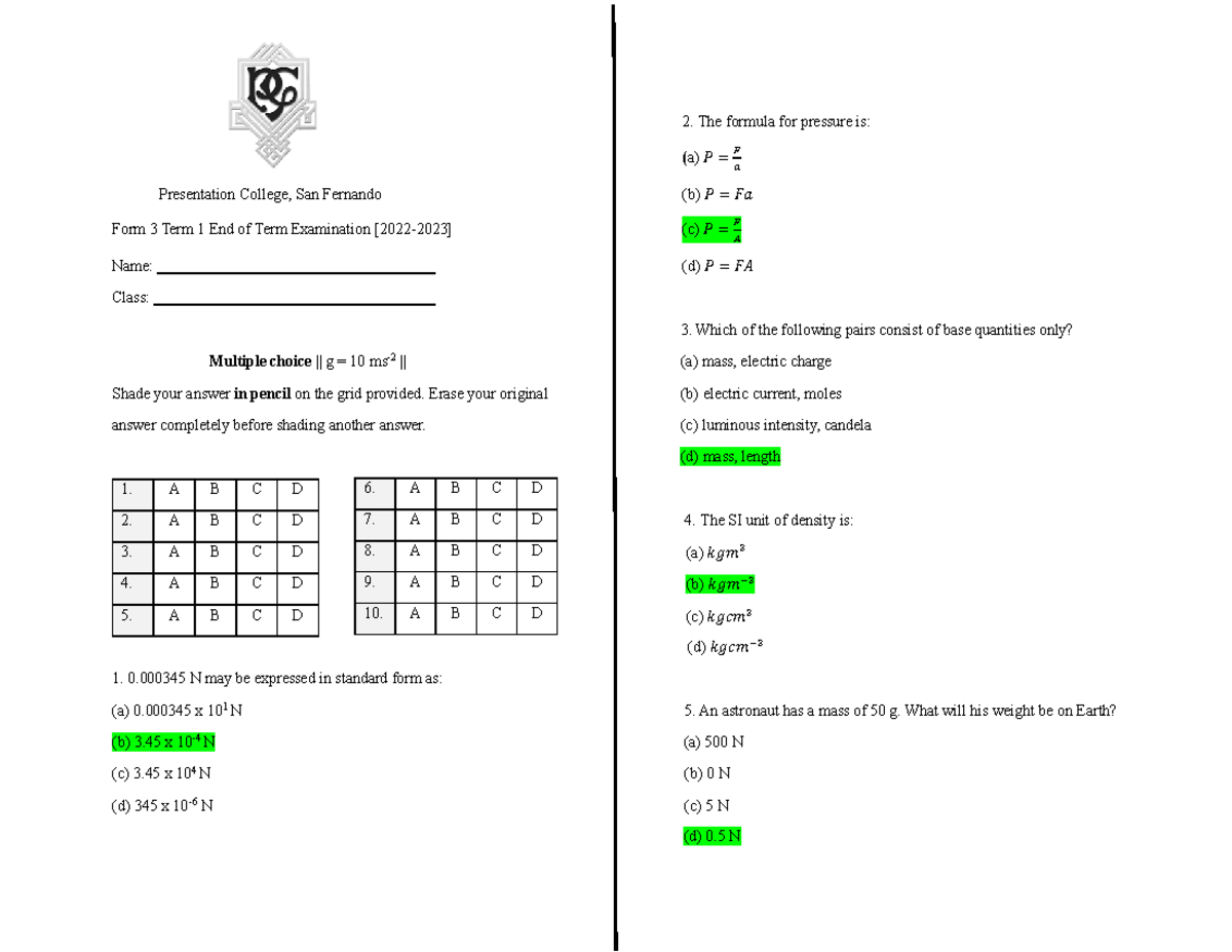 Form 3 EOT Test Answers - The formula for pressure is: (a) 𝑃 = 𝐹 𝑎 ...