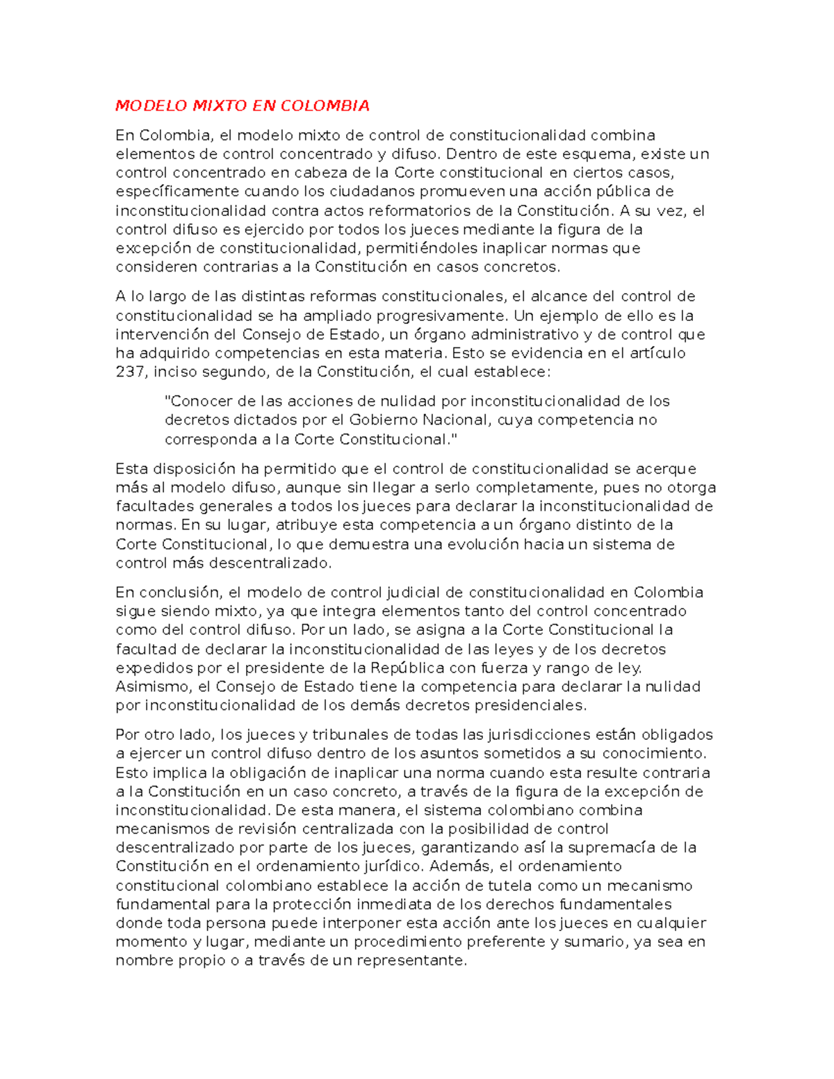 Modelo Mixto de Control de Constitucionalidad en Colombia - Studocu