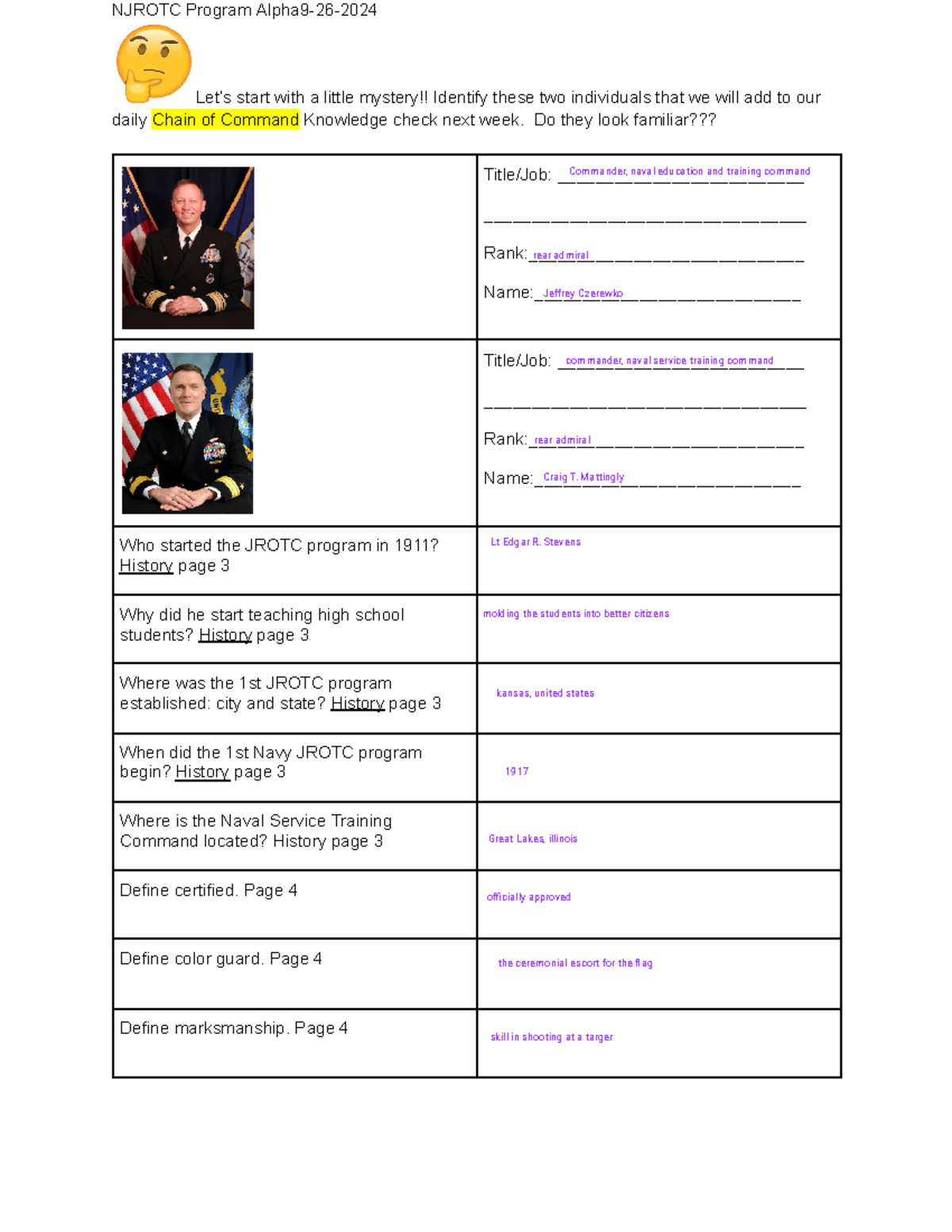 NJROTC Program Alpha - Chain of Command Knowledge Check (9/26/24) - Studocu
