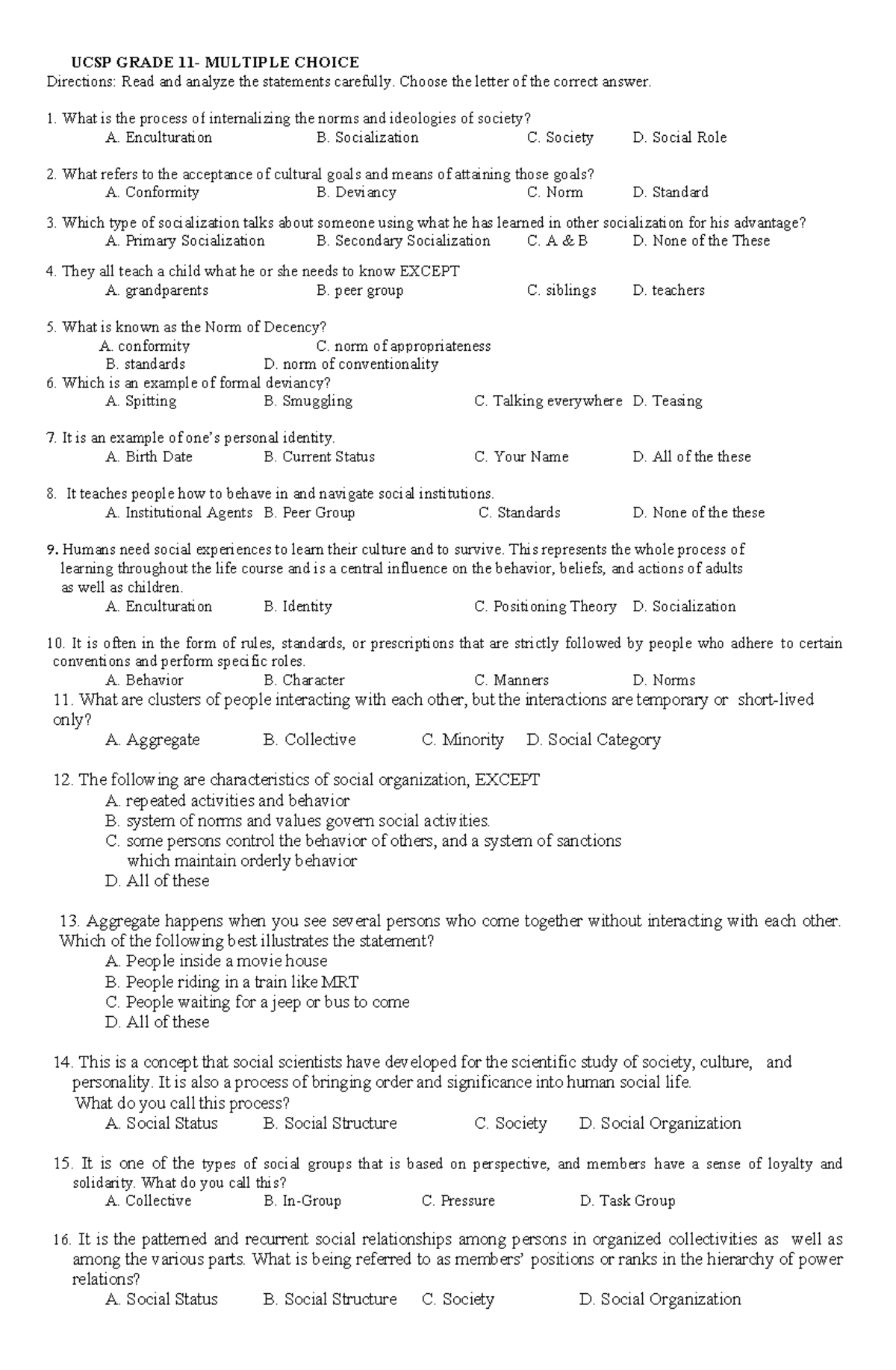 UCSP Q2 Summative Exam: Multiple Choice Questions & Answers - Studocu