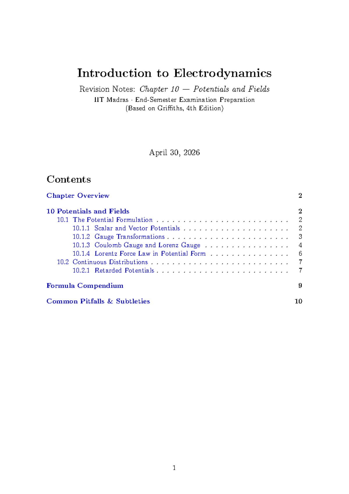 IIT Madras Electrodynamics Revision Notes: Chapter 10 - Potentials ...