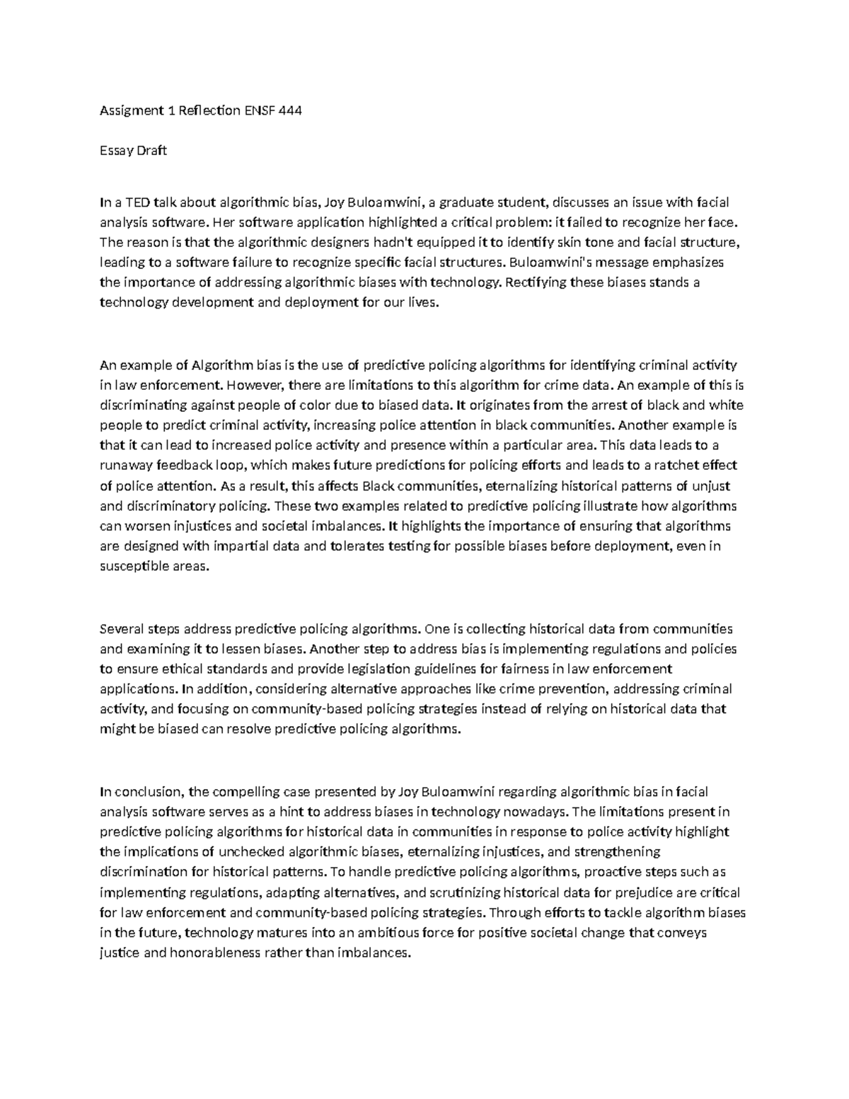 Reflection on Algorithmic Bias in AI - ENSF 444 Assignment 1 - Studocu