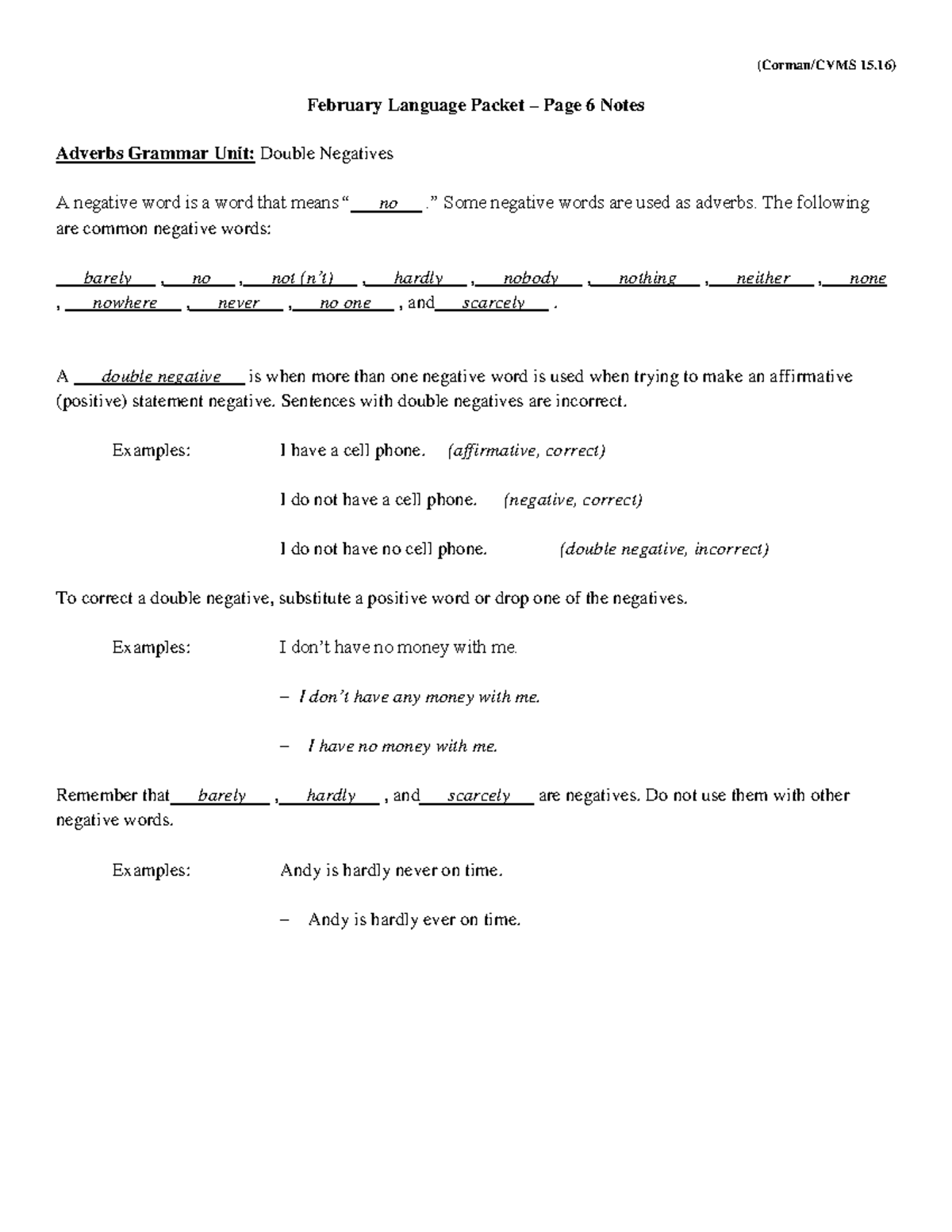 Adverbs Grammar Unit: Understanding and Correcting Double Negatives ...