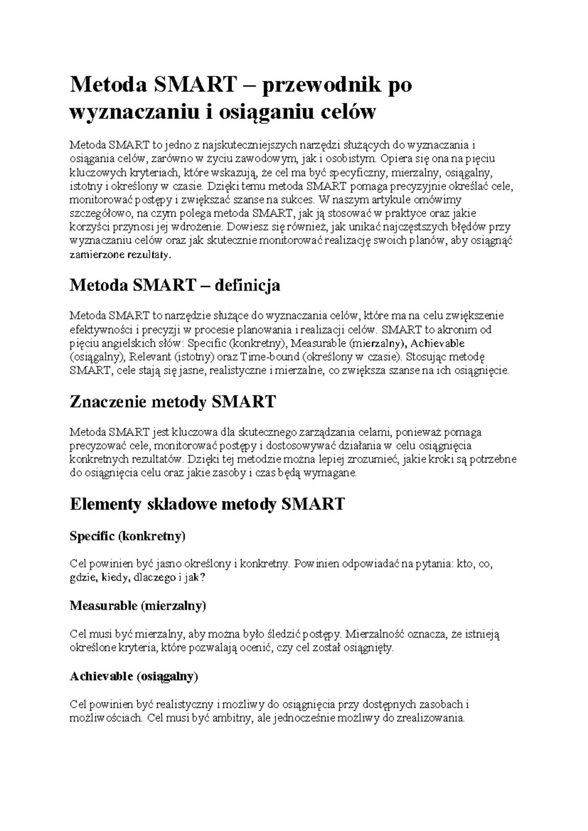 Przewodnik po metodzie SMART: Wyznaczanie i osiąganie celów - Studocu